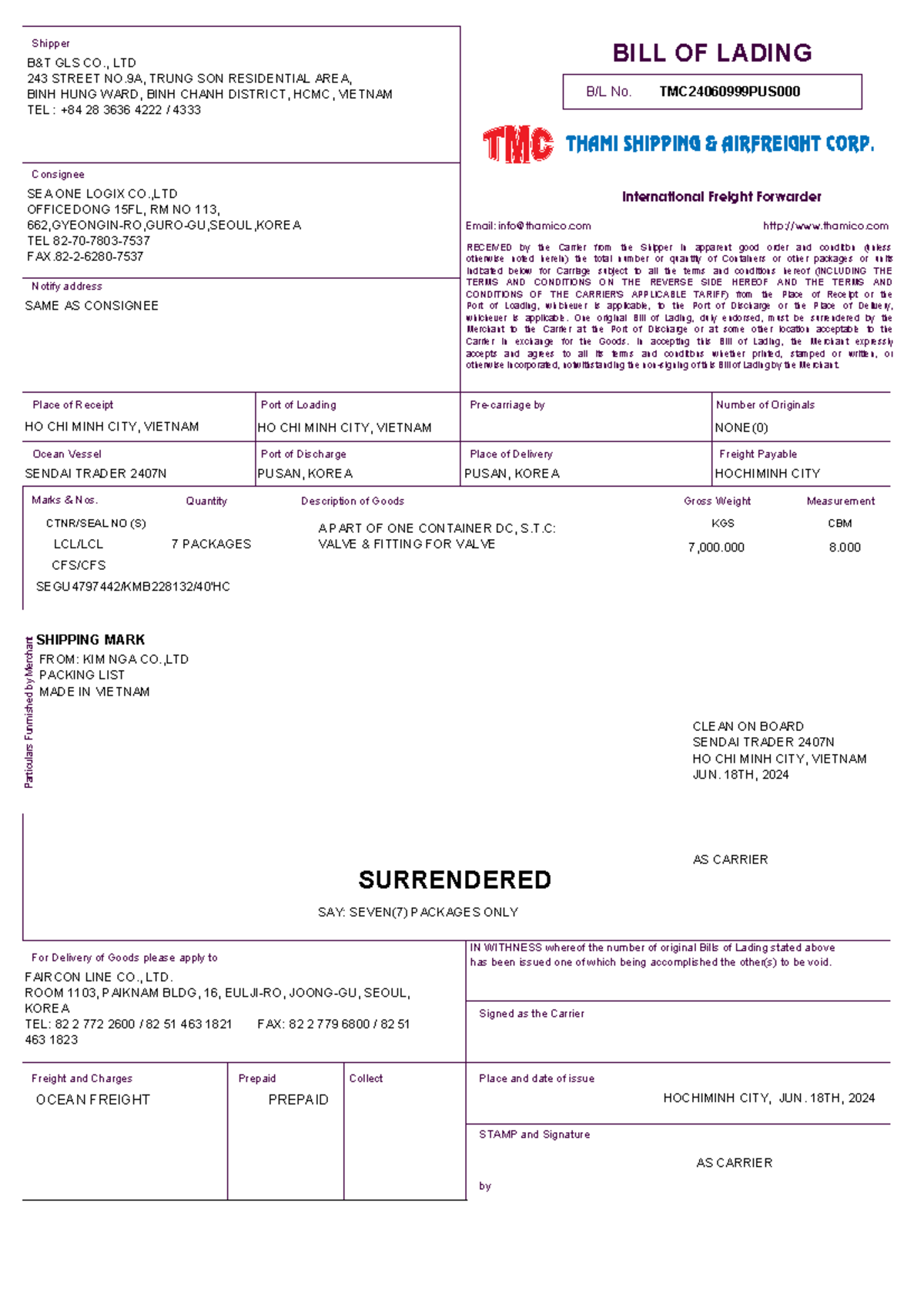 MBL for LCL of forwodder - Consignee Notify address Place of Receipt ...