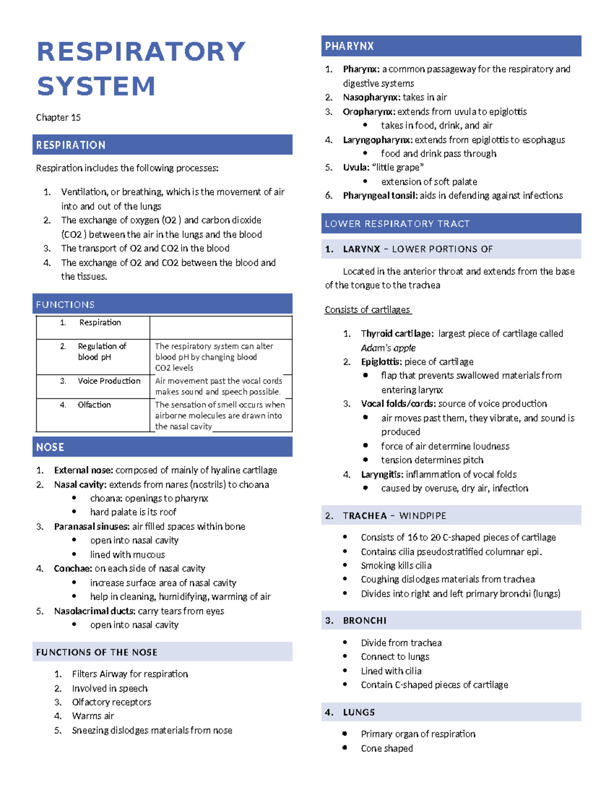 Respiratory-System - Respiratory System Review - RESPIRATORY SYSTEM Chapter 15 RESPIRATION - Studocu