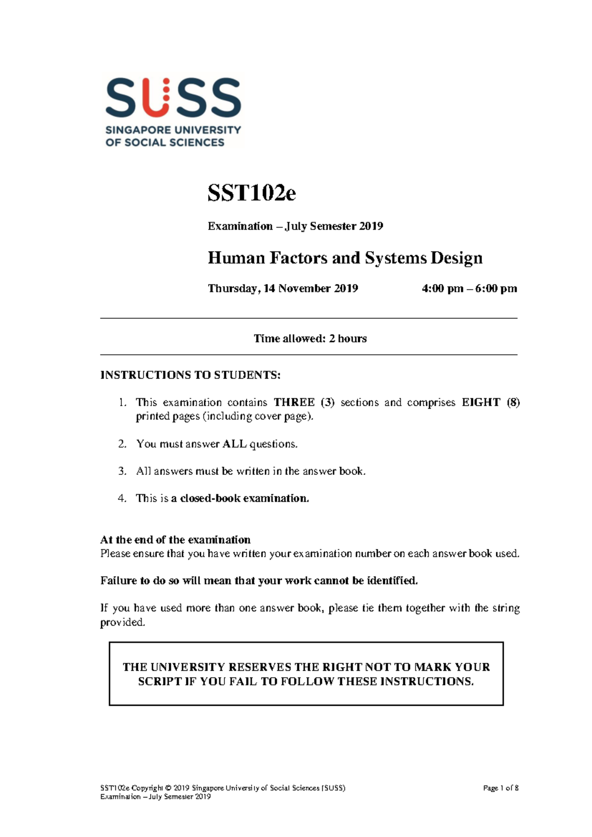 SST102 e JUL 2019 Exam Paper - SST102e Copyright © 2019 Singapore University of Social Sciences ...