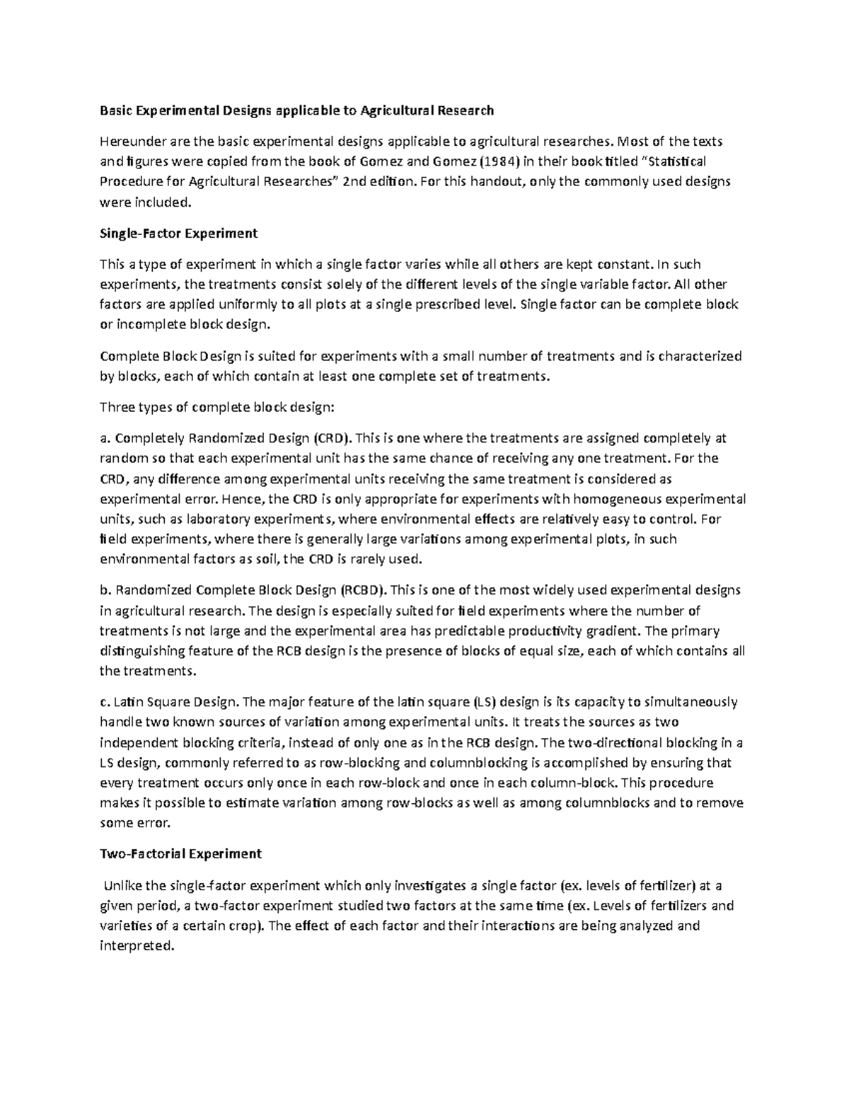 Basic Experimental Designs applicable to Agricultural Research - Most ...