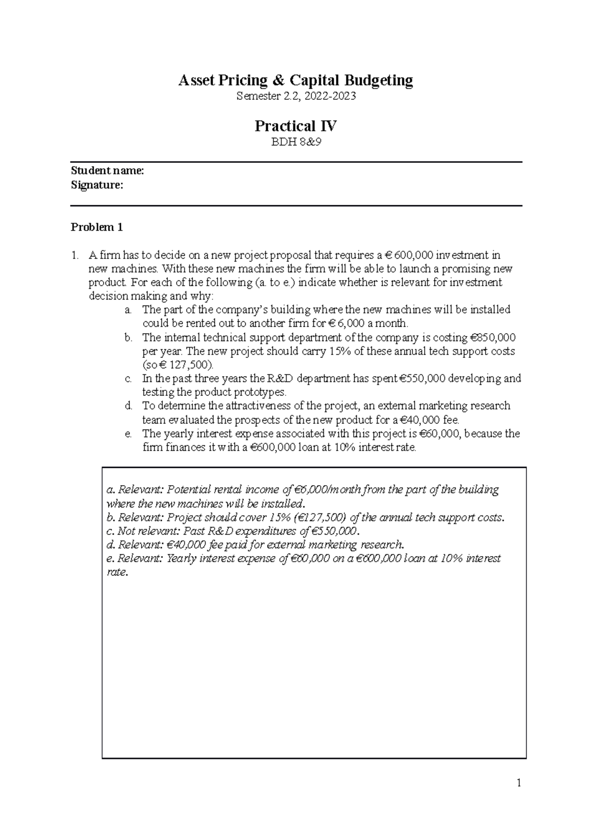 Practicle week 4 AP&CB - Asset Pricing & Capital Budgeting Semester 2 ...