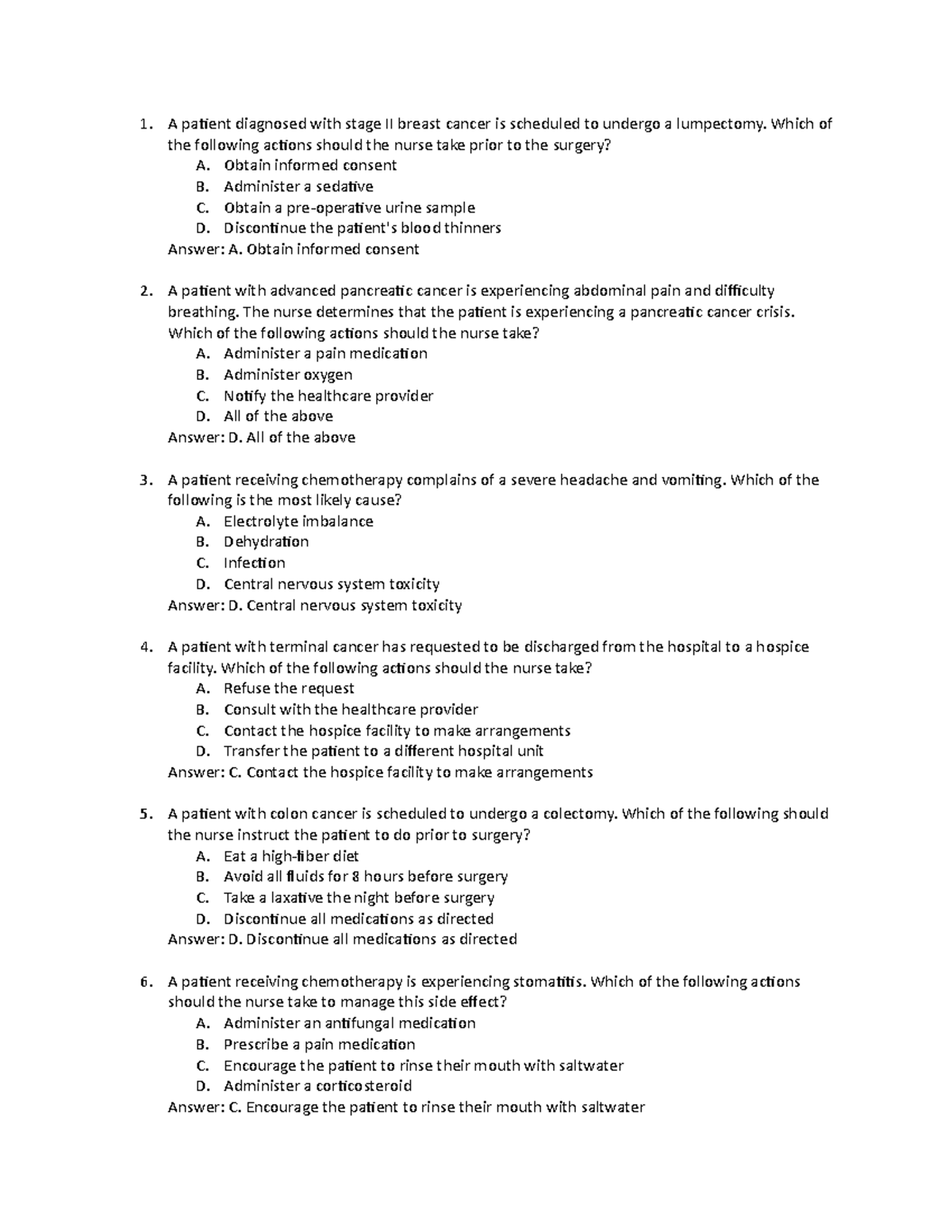 Oncology Practice questions and answers 2 - A patient diagnosed with ...