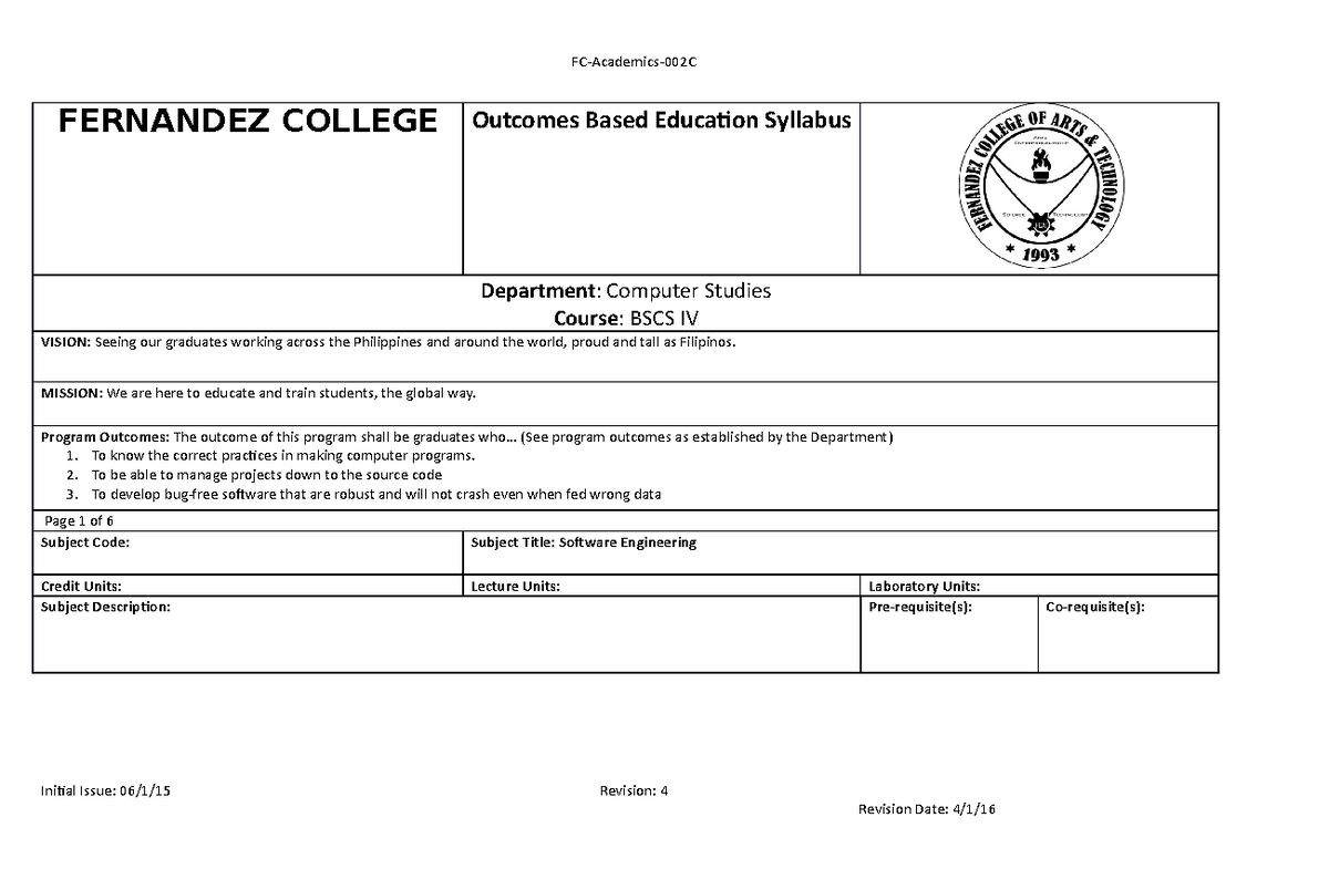 Software Engineering (Syllabus) - FERNANDEZ COLLEGE Outcomes Based ...