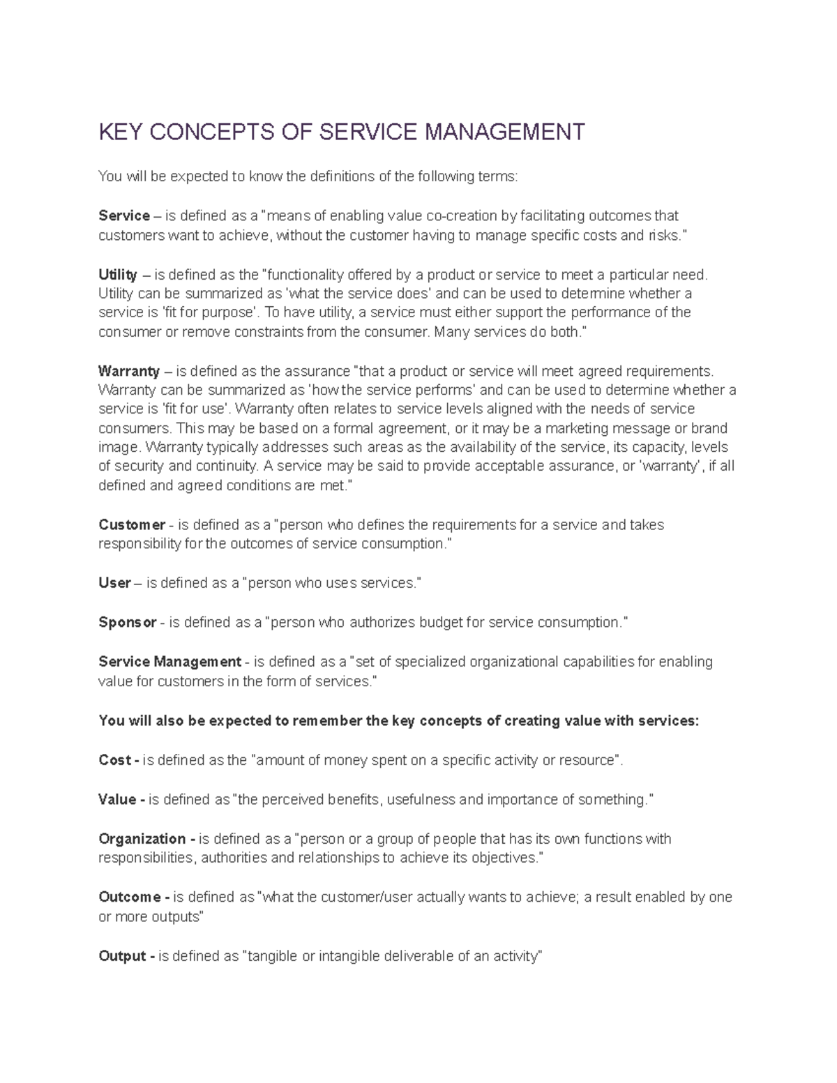 ITIL v4 cram sheet - KEY CONCEPTS OF SERVICE MANAGEMENT You will be ...