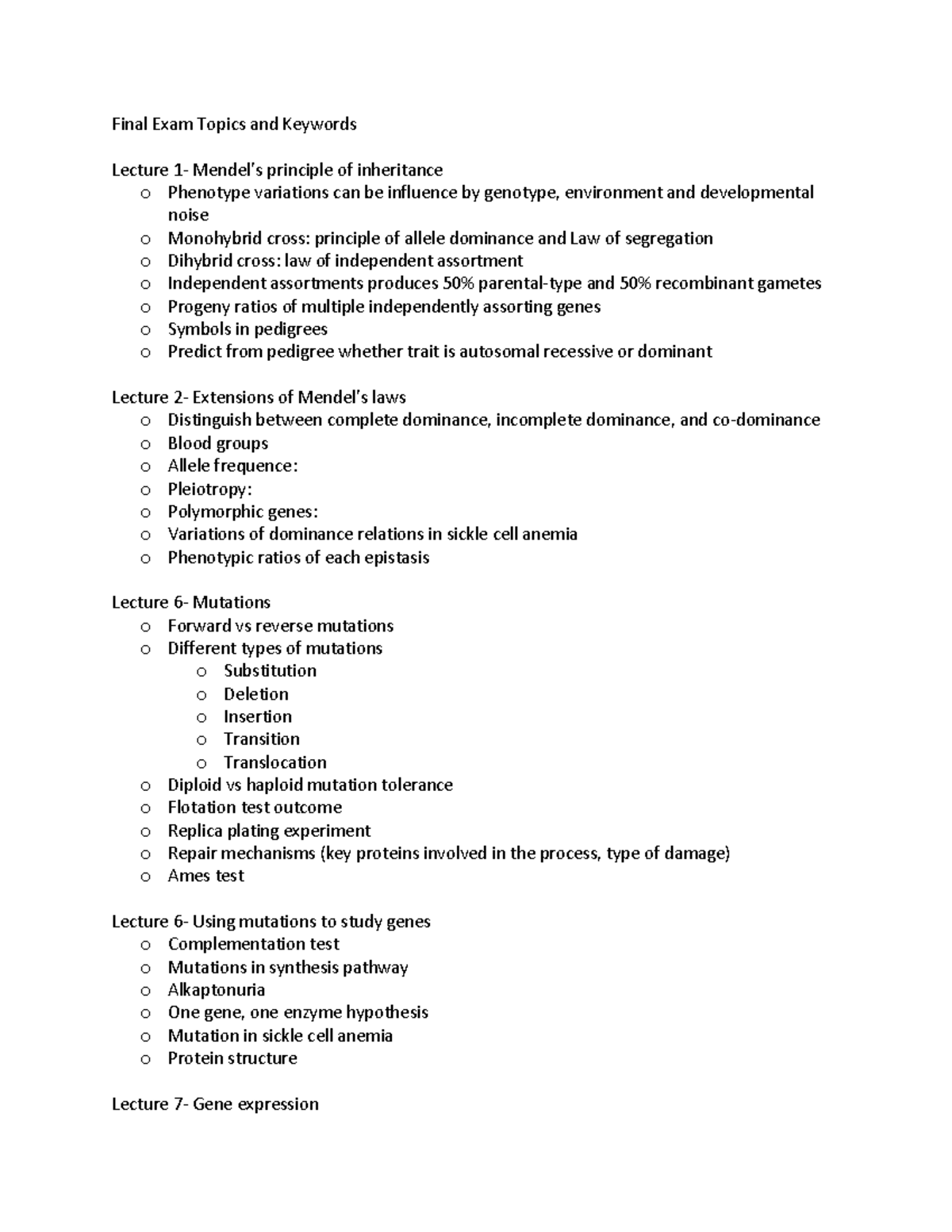 BIOL 2107 final exam notes - Final Exam Topics and Keywords Lecture 1 ...