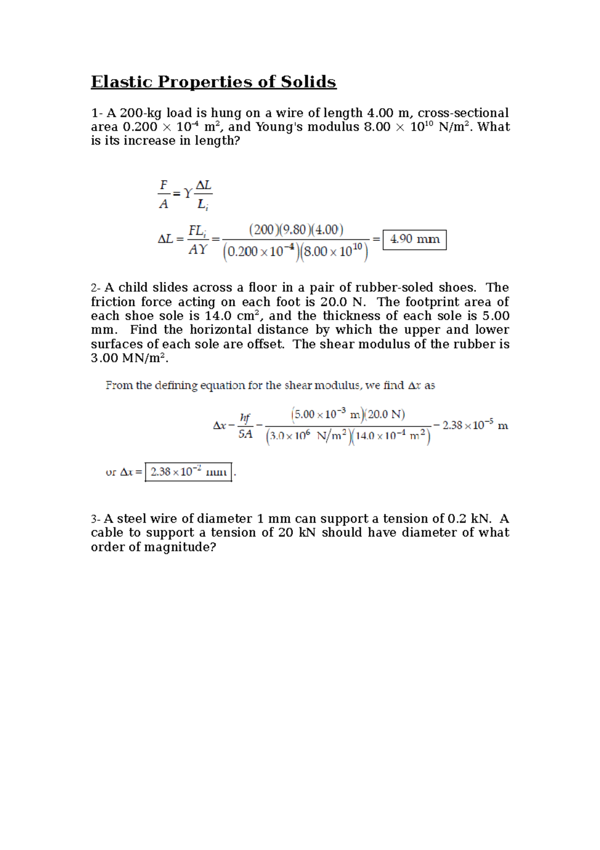 Problems on Elasticity - Elastic Properties of Solids 1- A 200-kg load ...