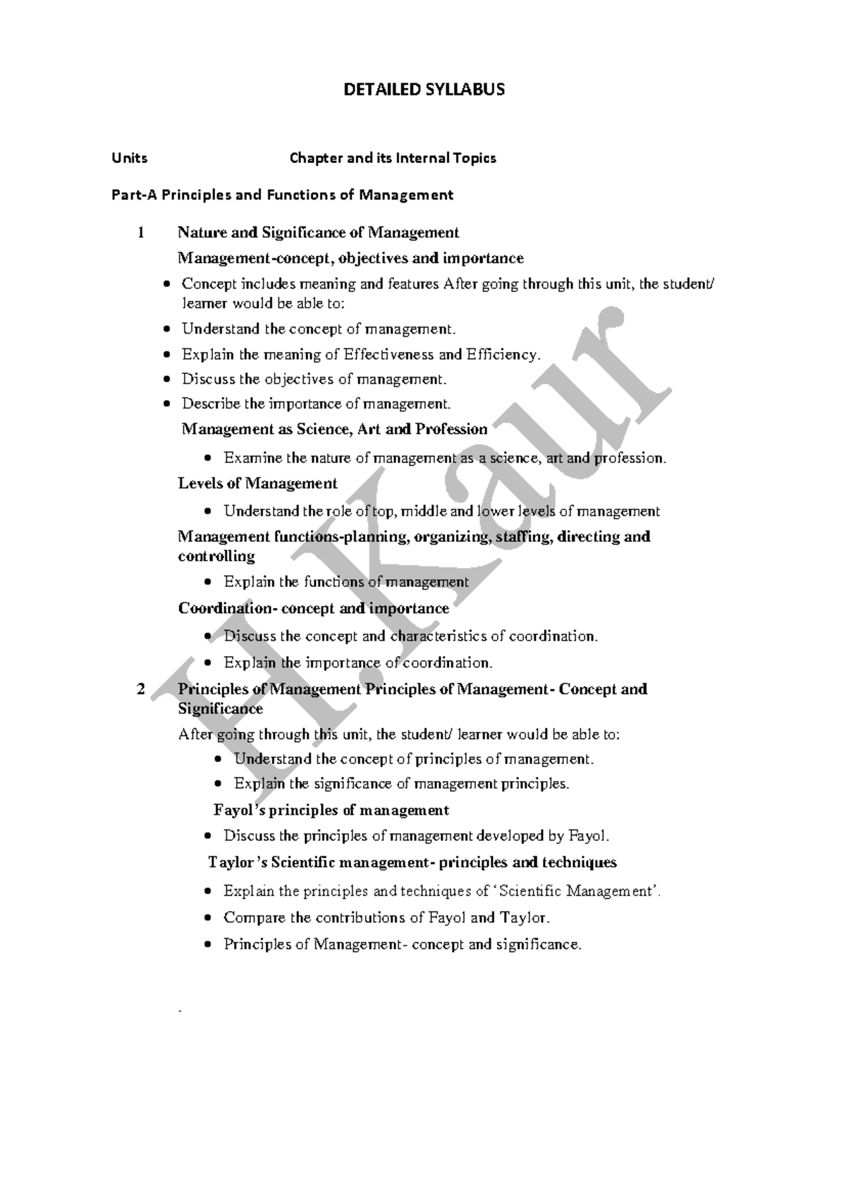 Management Notes - DETAILED SYLLABUS Units Chapter and its Internal ...