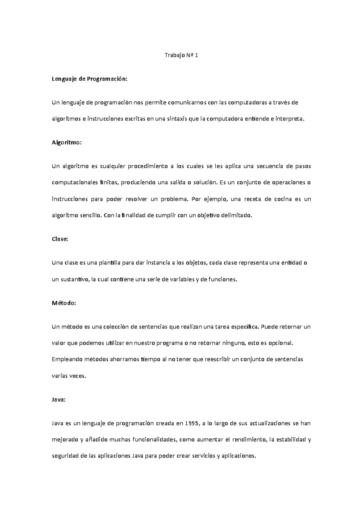 Trabajo Nº 1 - Ejercicios sobre definiciones de Java, clases, sectores entre otros. - Trabajo Nº ...