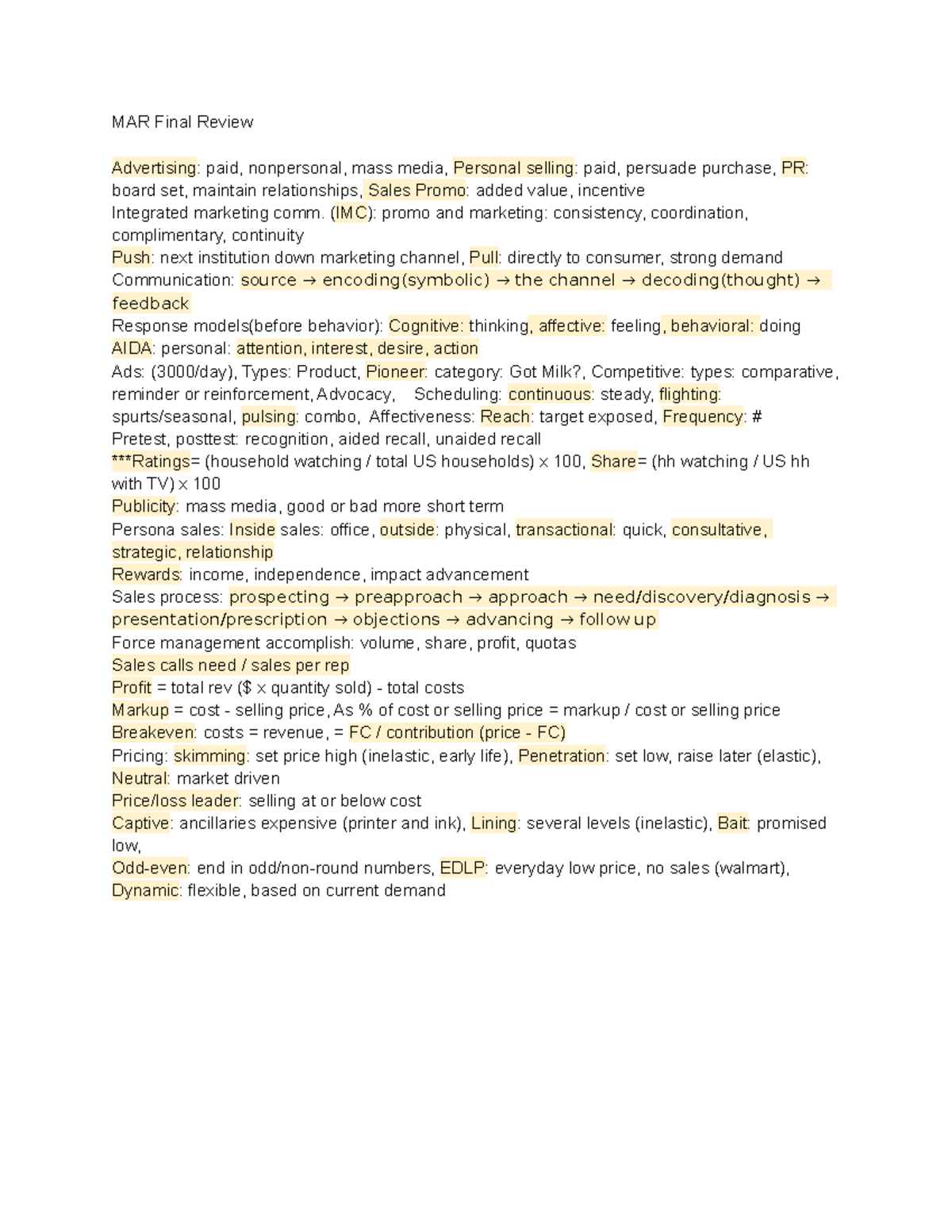 MAR3023 Final Review Sheet - MAR Final Review Advertising: paid ...