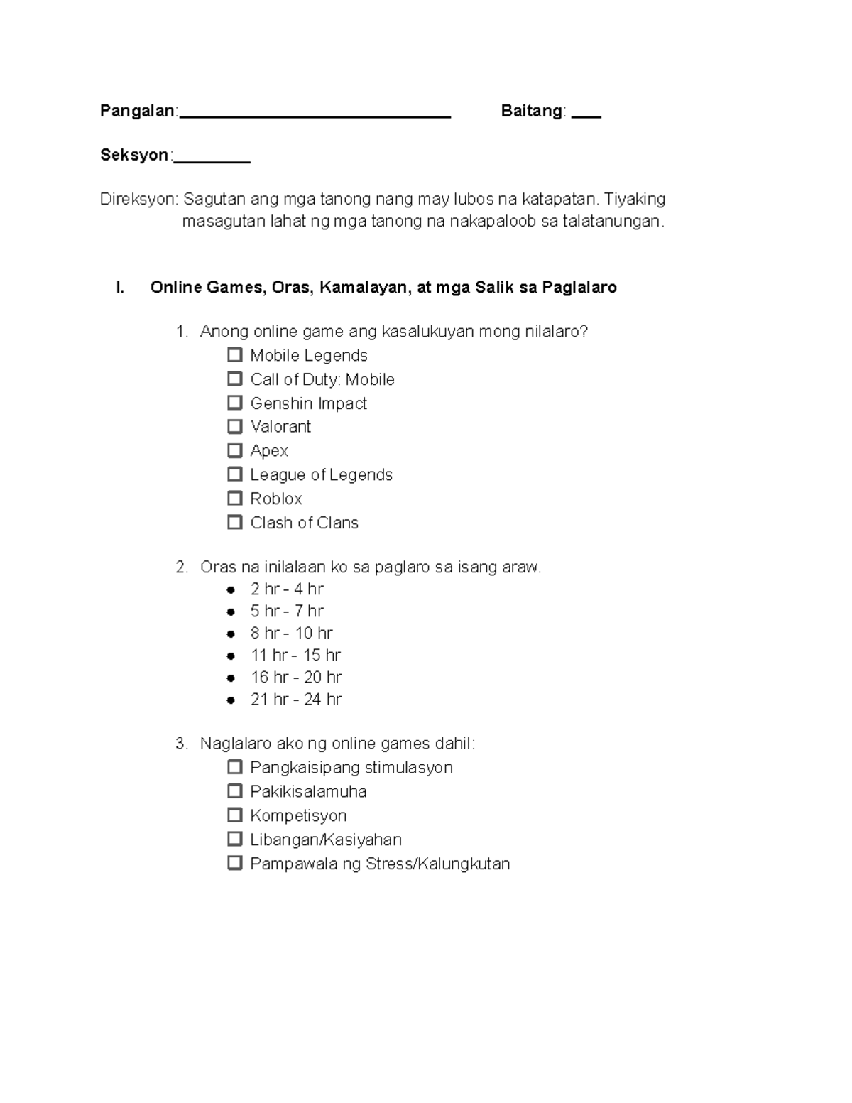 Talatanungan - Pangalan: Baitang: Seksyon: Direksyon: Sagutan ang mga ...