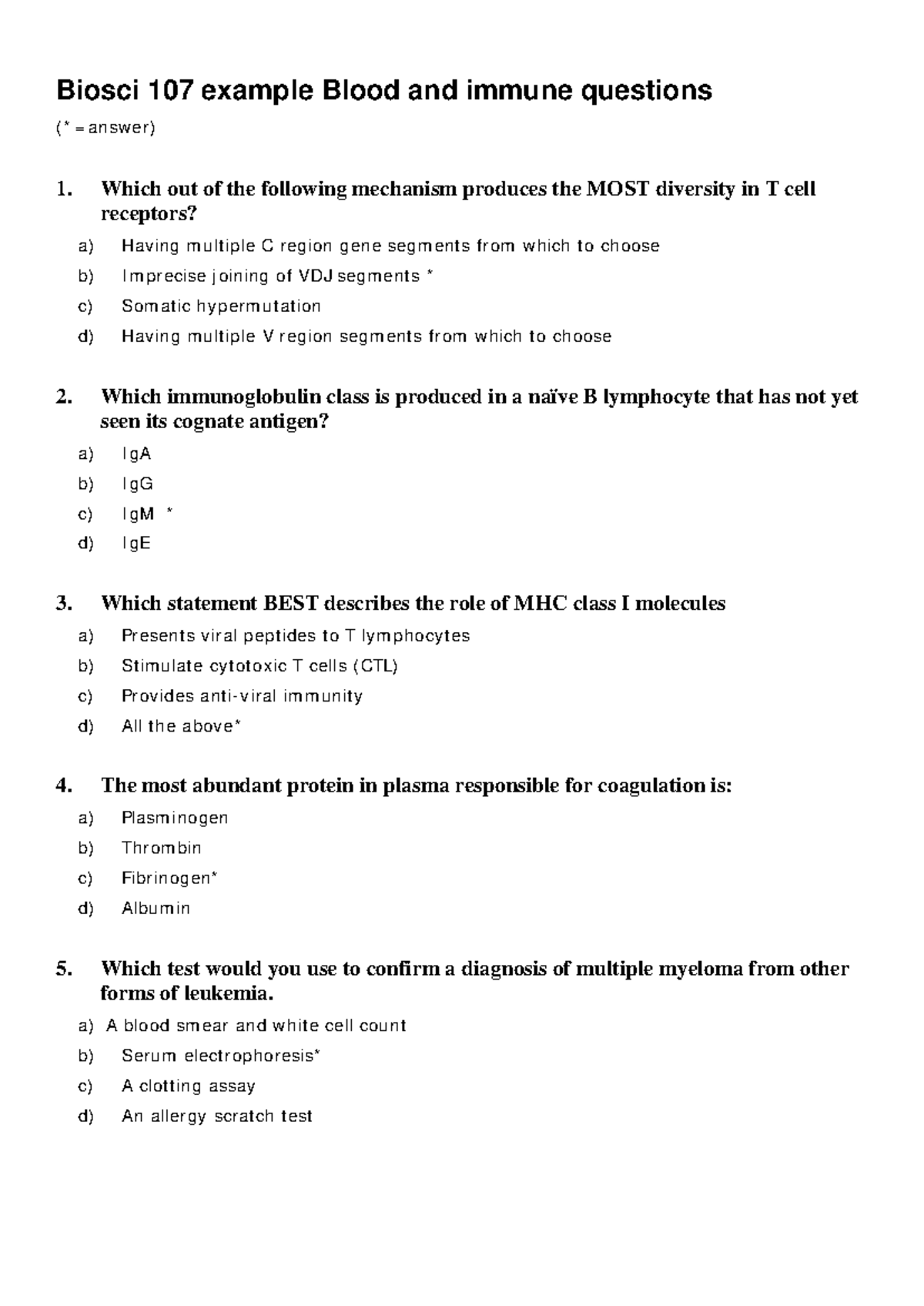 Example 107 Blood and Immune questions WITH Answers - Biosci 107 example Blood and immune ...
