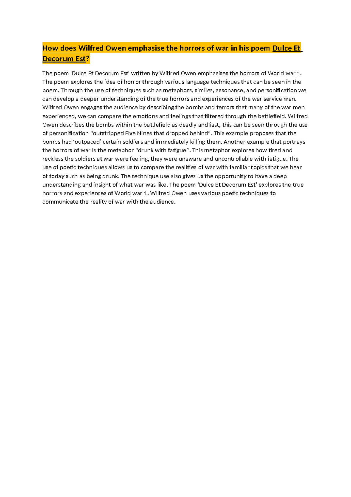 Teeec paragraph on poem - How does Wilfred Owen emphasise the horrors ...
