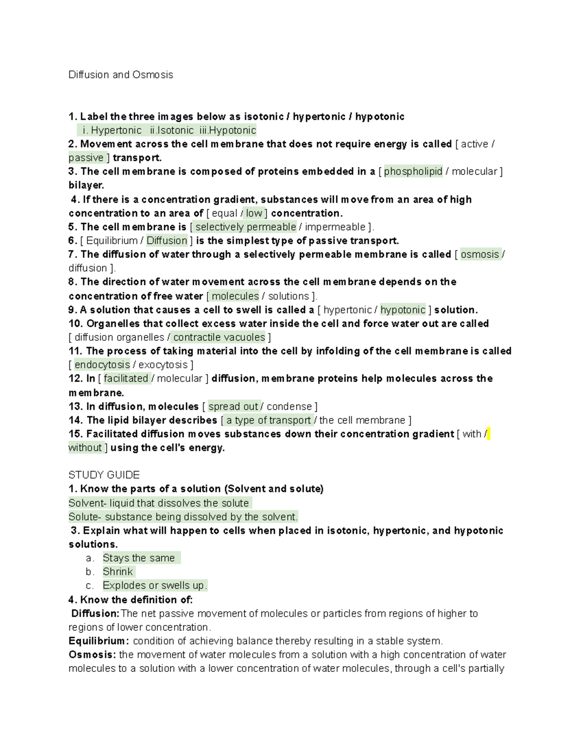 Chapter Review - Diffusion and Osmosis - Diffusion and Osmosis Label the three images below as ...