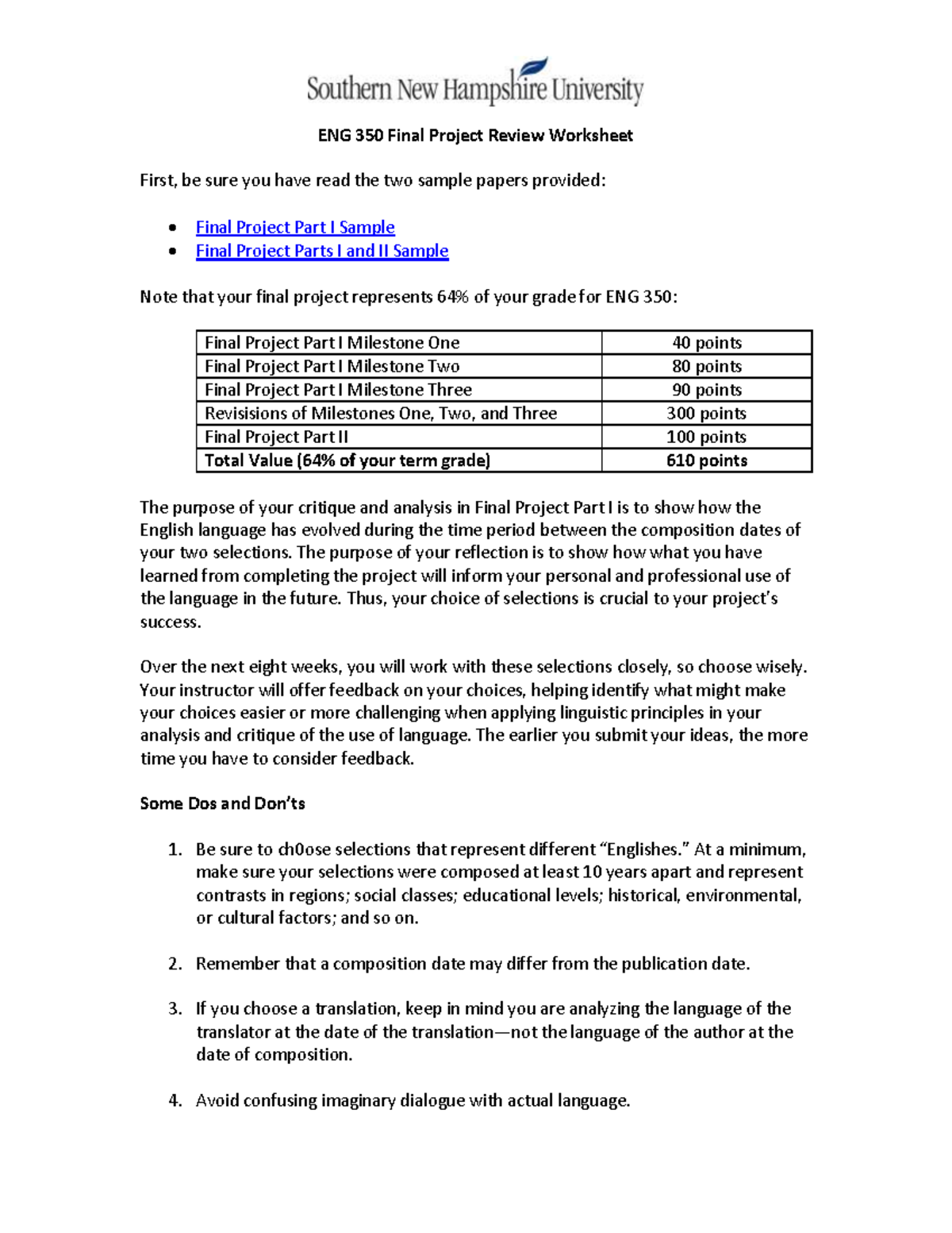 ENG 350 Final Project Review Worksheet - ENG 350 Final Project Review ...