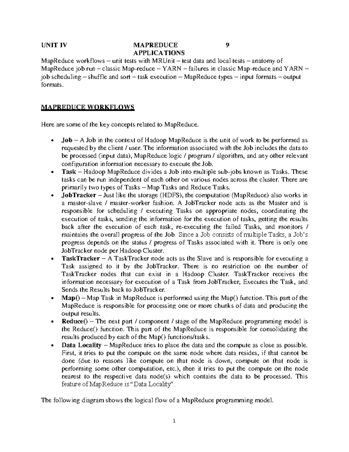 Bdm 4 - unit 4 - UNIT IV MAPREDUCE APPLICATIONS 9 MapReduce workflows ...