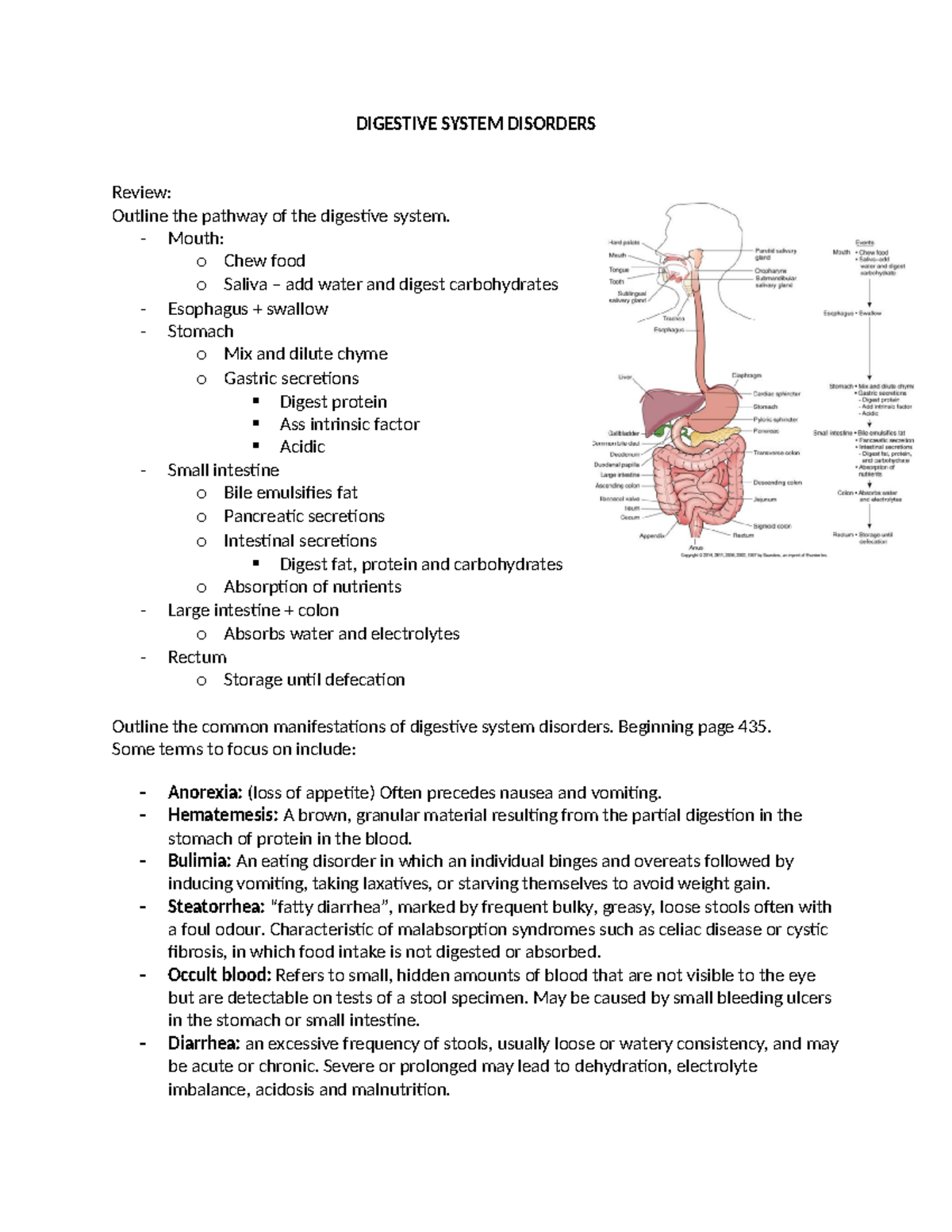 Week 3 - Digestive - DIGESTIVE SYSTEM DISORDERS Review: Outline the ...