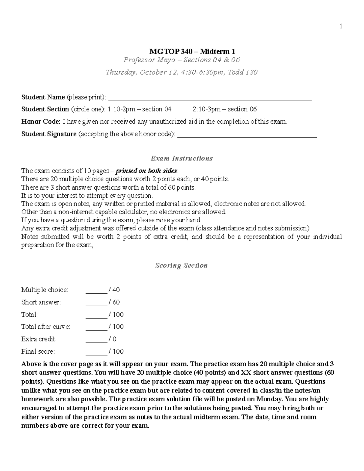 MGTOP 340 Midterm 1 - Practice Exam - MGTOP 340 – Midterm 1 Professor Mayo – Sections 04 & 06 ...