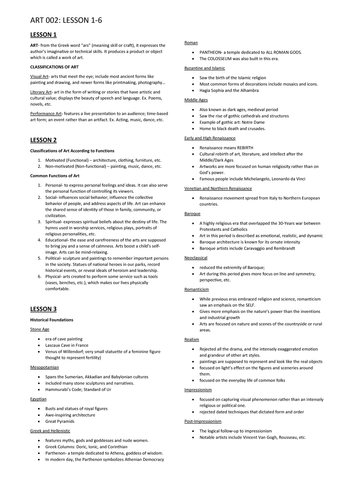 ART-002-Module-1-6 - ART 002: LESSON 1- 6 LESSON 1 ART- from the Greek word “ars” (meaning skill ...