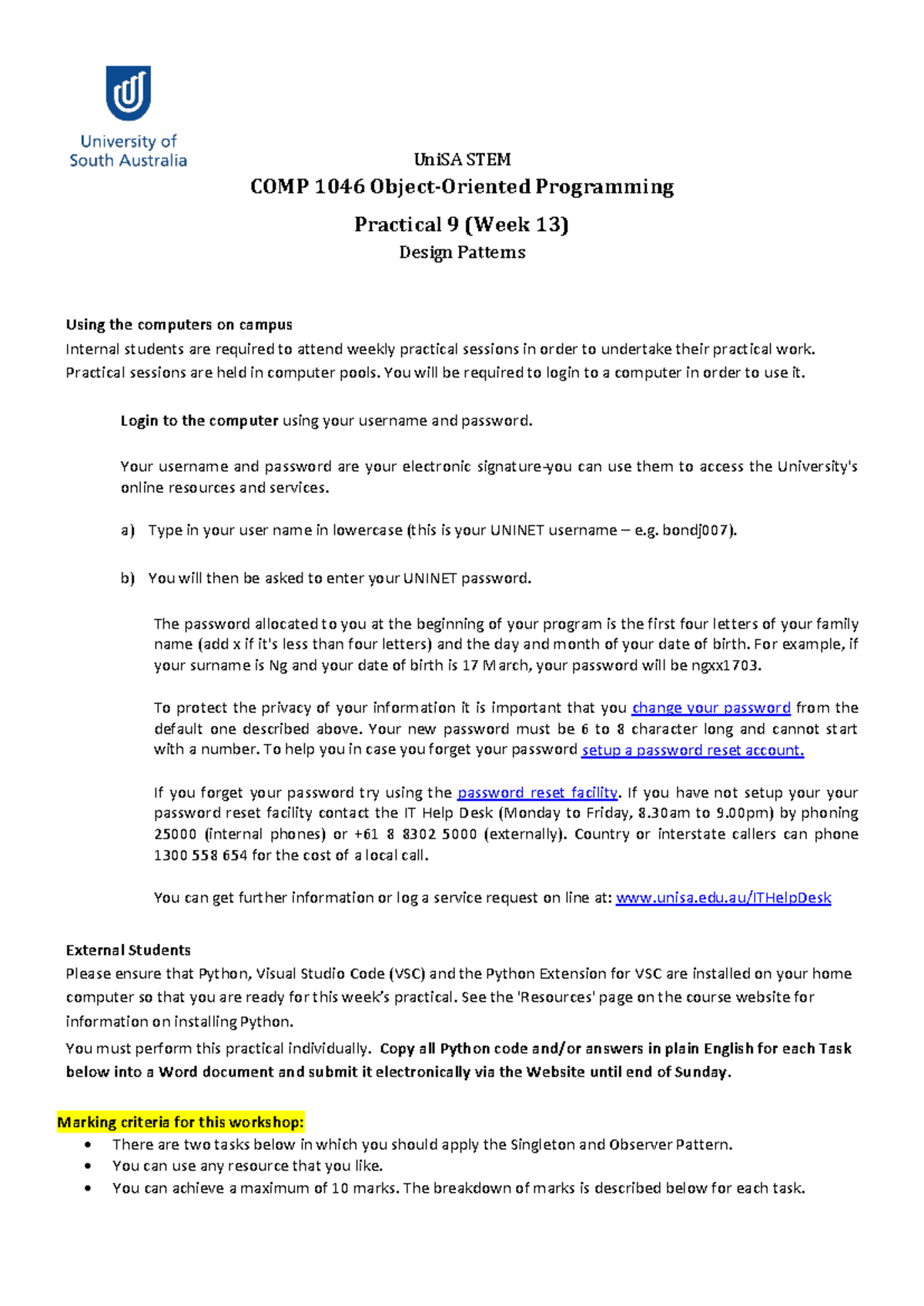 COMP 1046 OOP Prac 09 Design Patterns - UniSA STEM COMP 10 46 Object-Oriented Programming ...