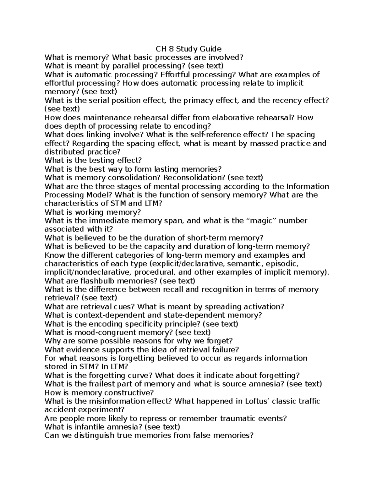 CH 8 Study Guide - CH 8 Study Guide What is memory? What basic processes are involved? What is ...