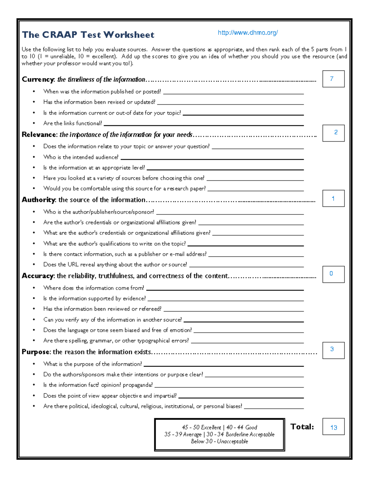 Evaluate 2 Critical Skills The Craap Test Worksheet Use The