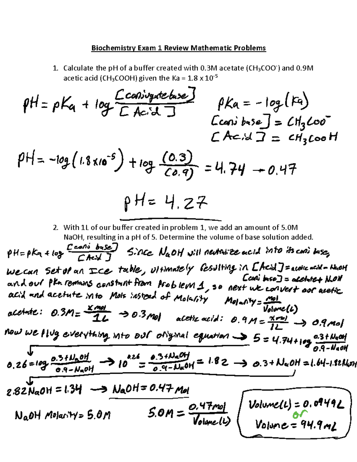 Biochemistry Exam 1 Review - Biochemistry Exam 1 Review Mathematic ...