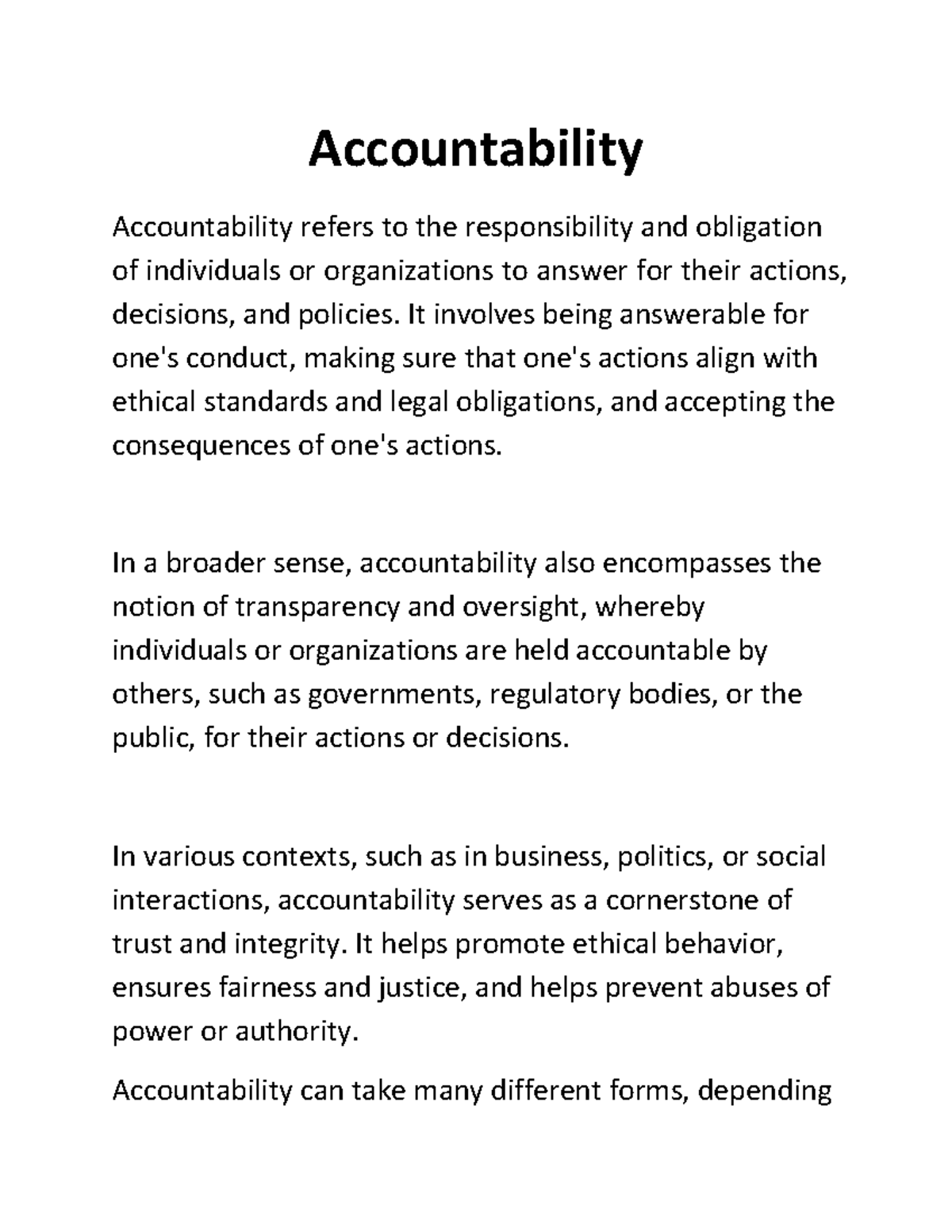 Accountability part 1 - Accountability Accountability refers to the ...