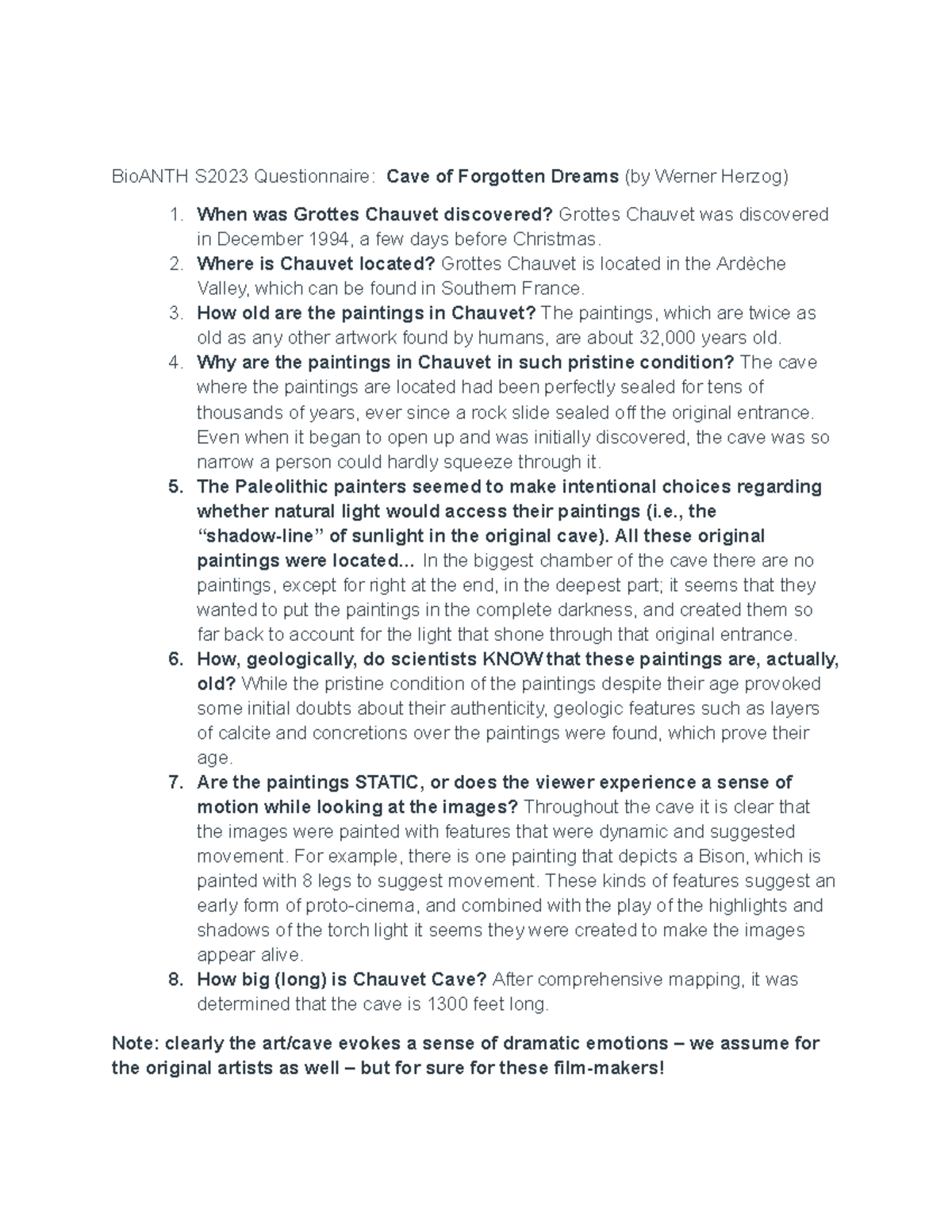 Bio ANTH S2023 Questionnaire Cave of Forgotten Dreams (by Werner Herzog ...