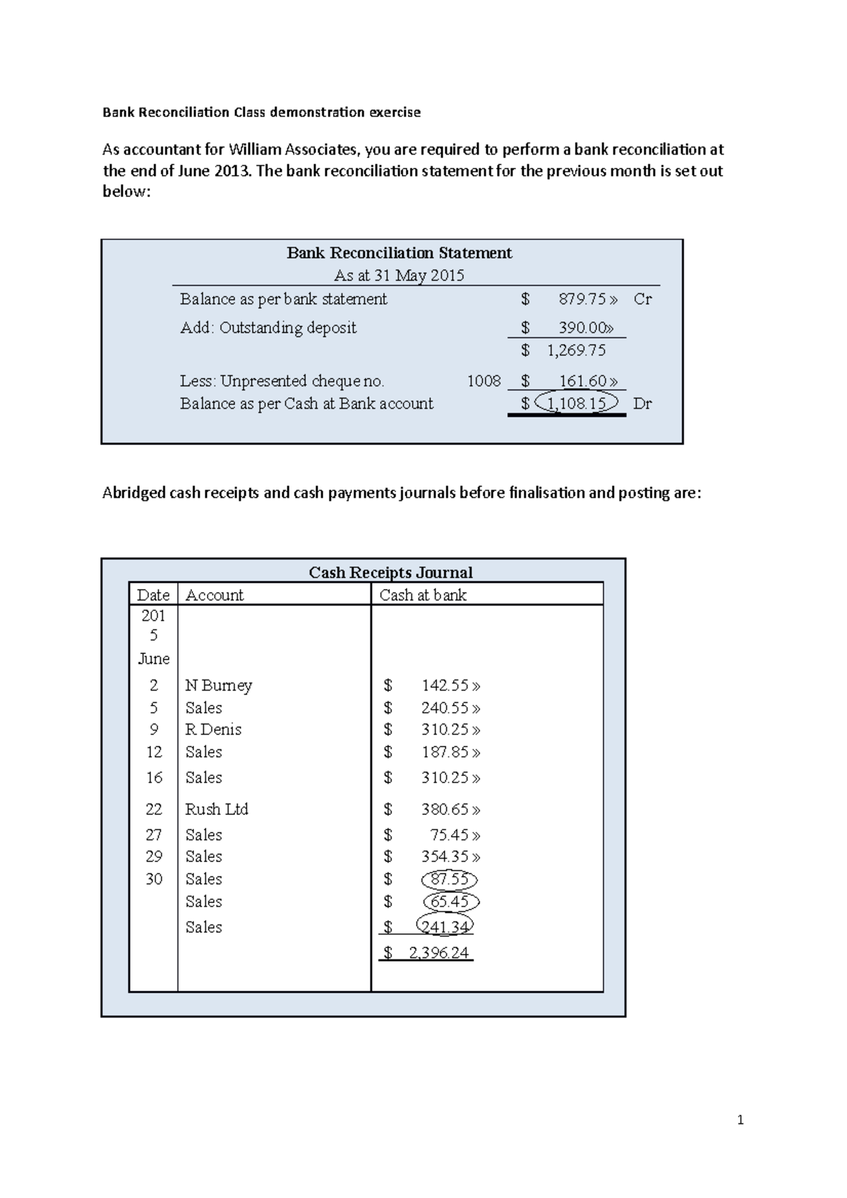 Bank reconciliation Demo Exercise - Bank Reconciliation Class ...