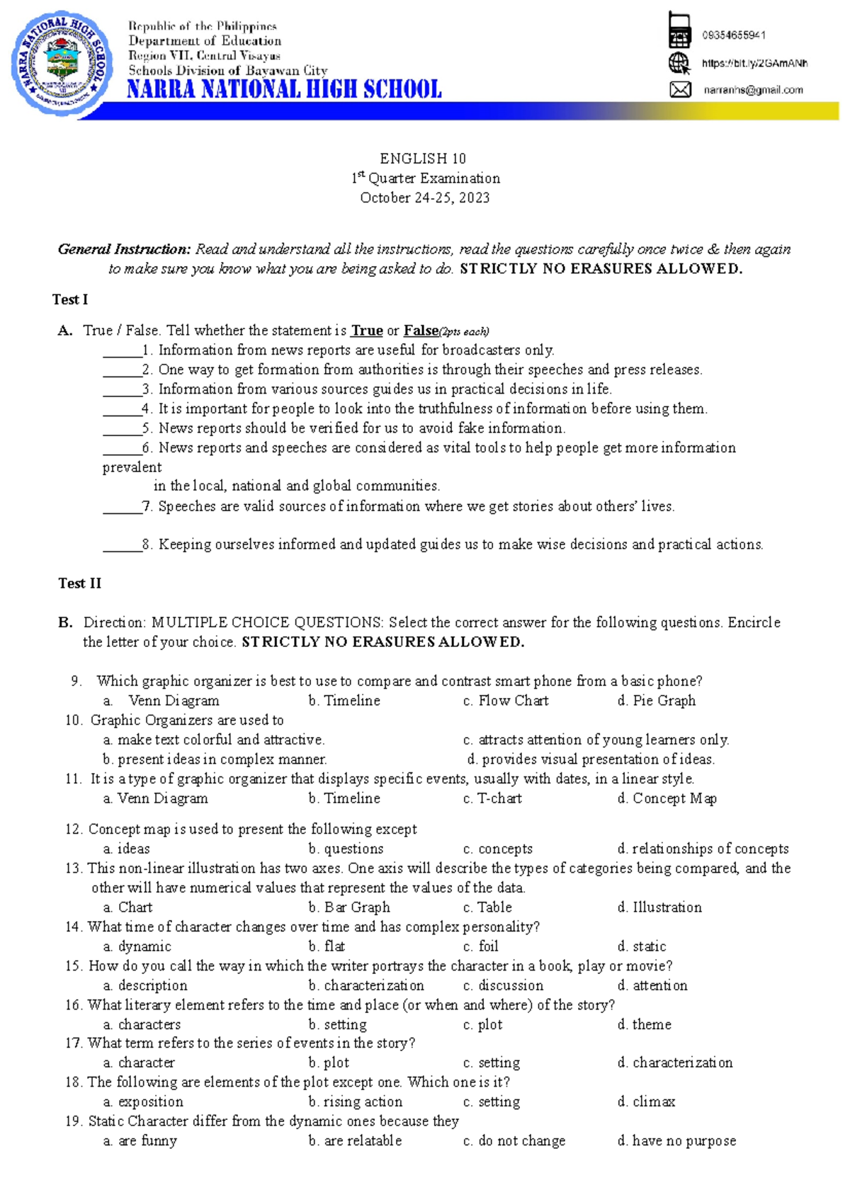 1st Quarter Examination - ENGLISH 10 1 st Quarter Examination October ...