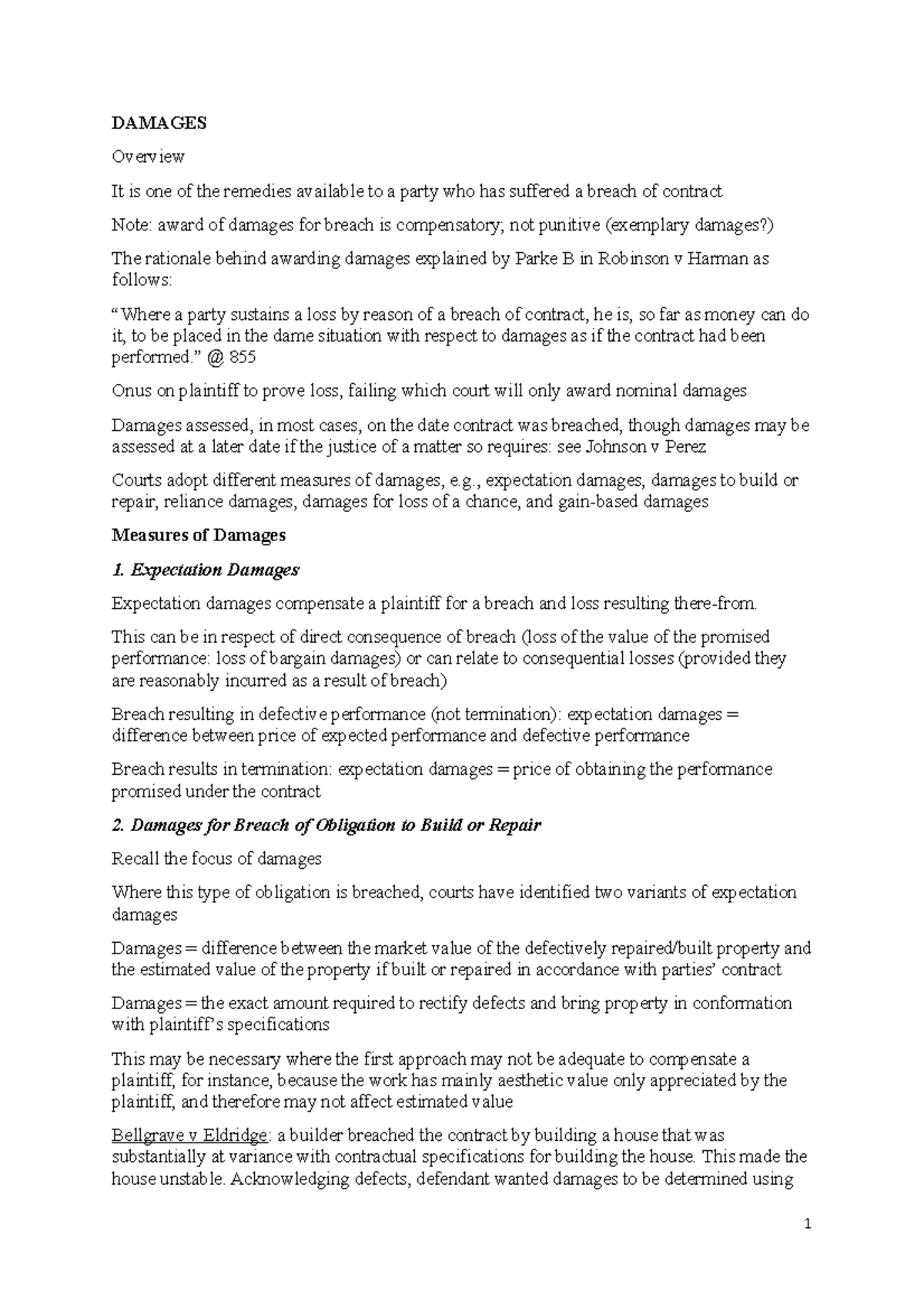 Damages - Lecture notes 11-12 - DAMAGES Overview It is one of the ...