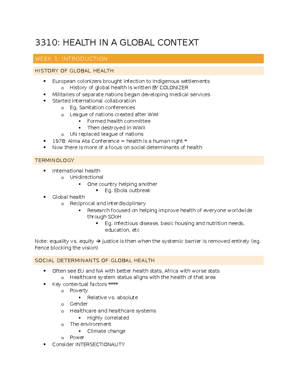 3310 global health - 3310: HEALTH IN A GLOBAL CONTEXT WEEK 1: INTRODUCTION HISTORY OF GLOBAL ...