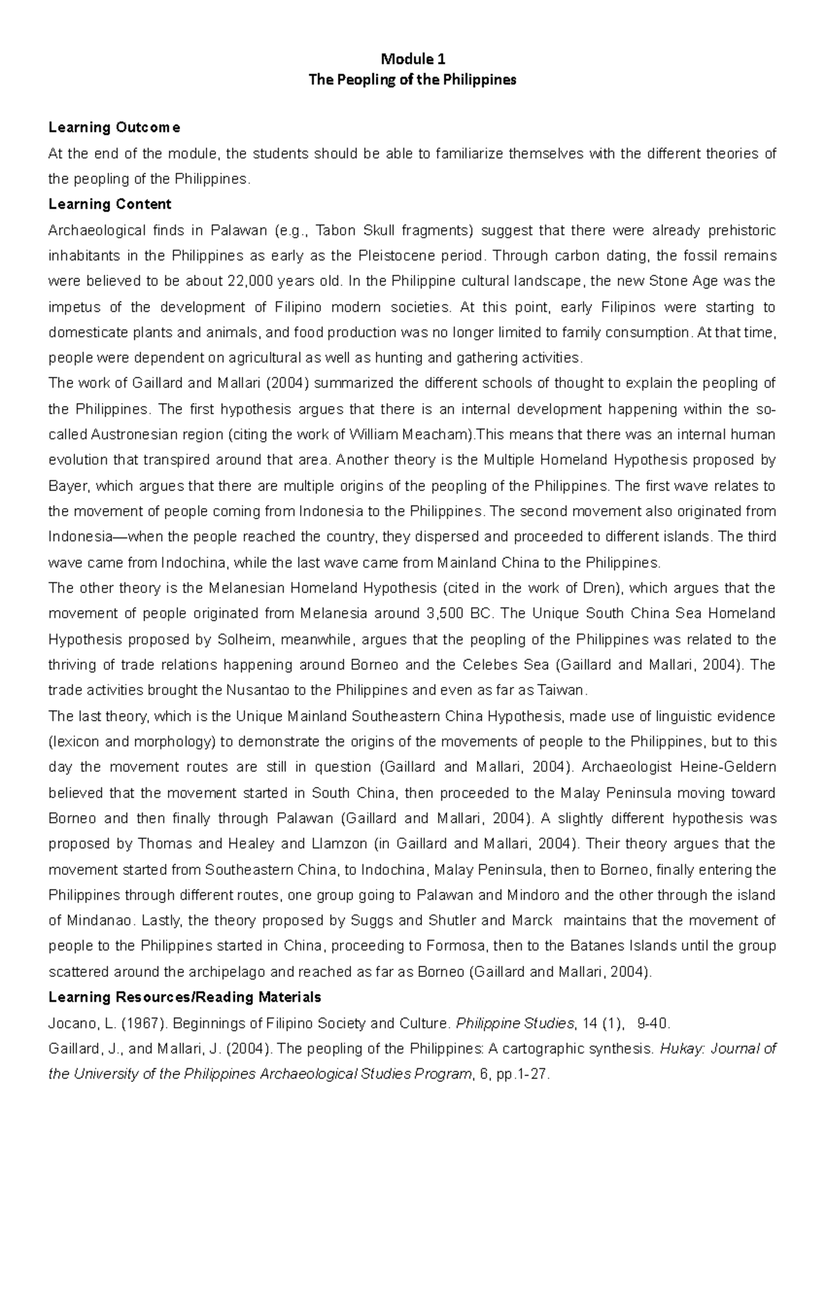 Module 1 - 2 electives - pl study well - Module 1 The Peopling of the ...