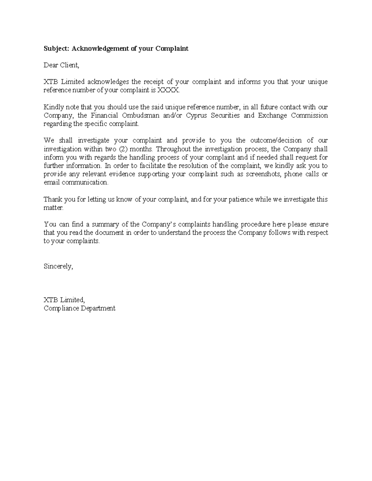 EN Email acknowledgment of complaint - Subject: Acknowledgement of your ...