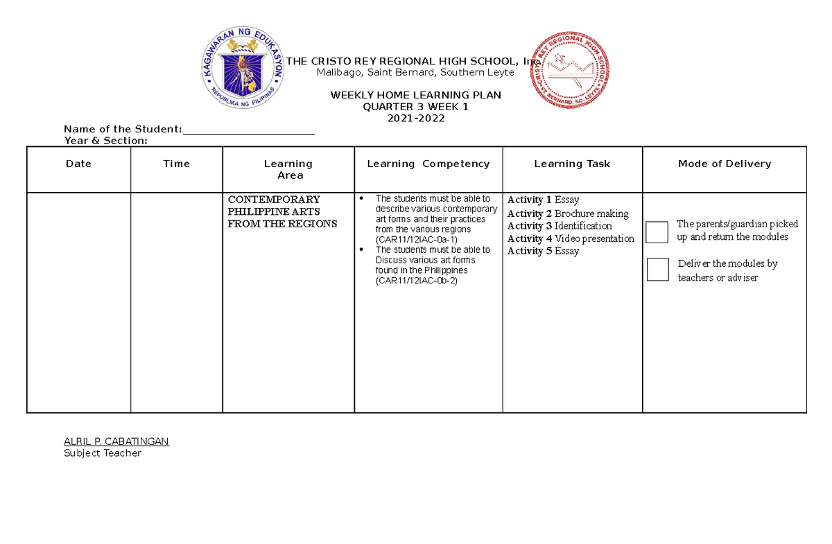 WHL 1 - asdasf - THE CRISTO REY REGIONAL HIGH SCHOOL, Inc. Malibago ...