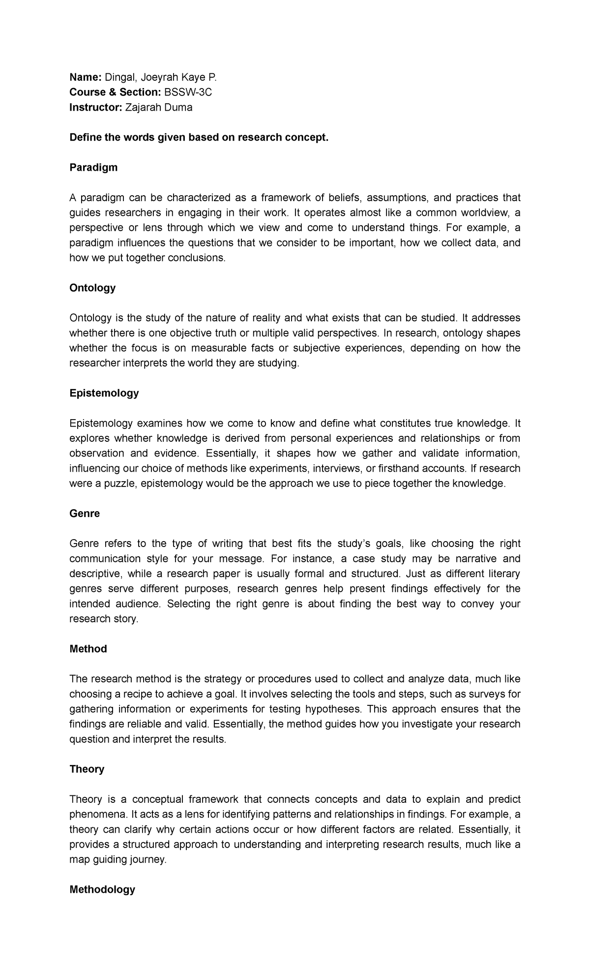 Research Assignment ( Dingal) - Name: Dingal, Joeyrah Kaye P. Course ...
