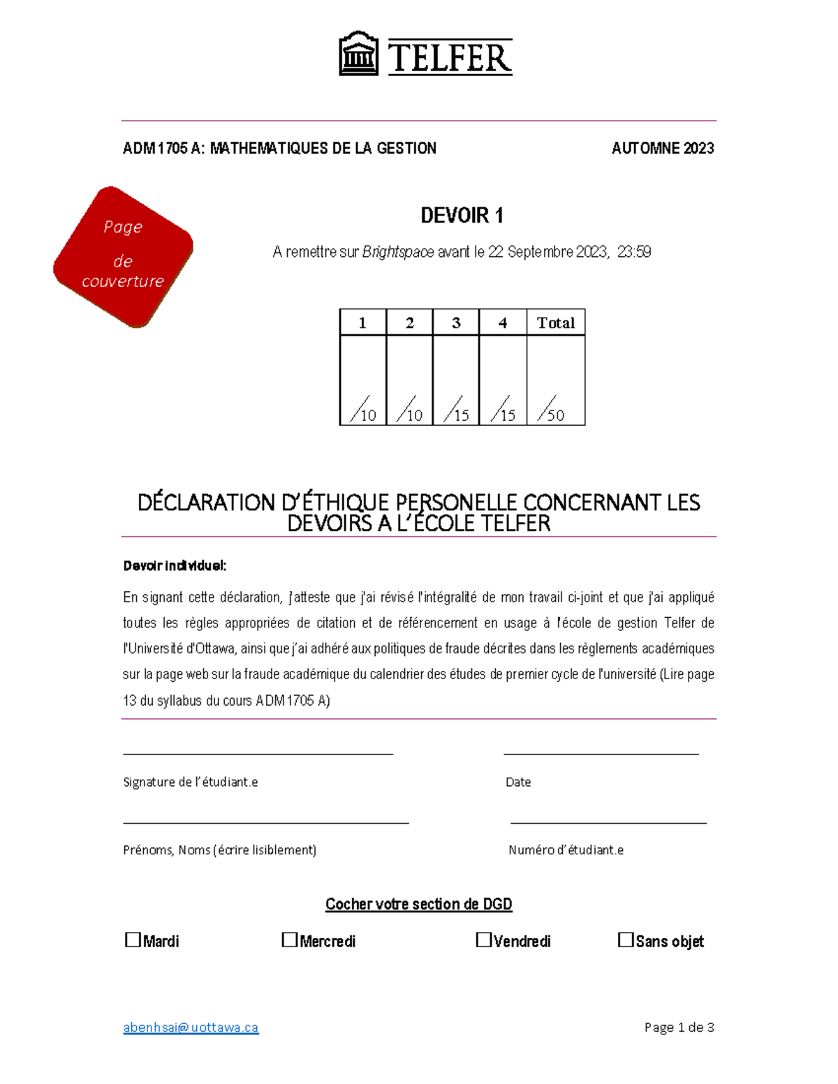 Devoir 1 239 - abenhsai@uottawa Page 1 de 3 ADM 1705 A: MATHEMATIQUES ...
