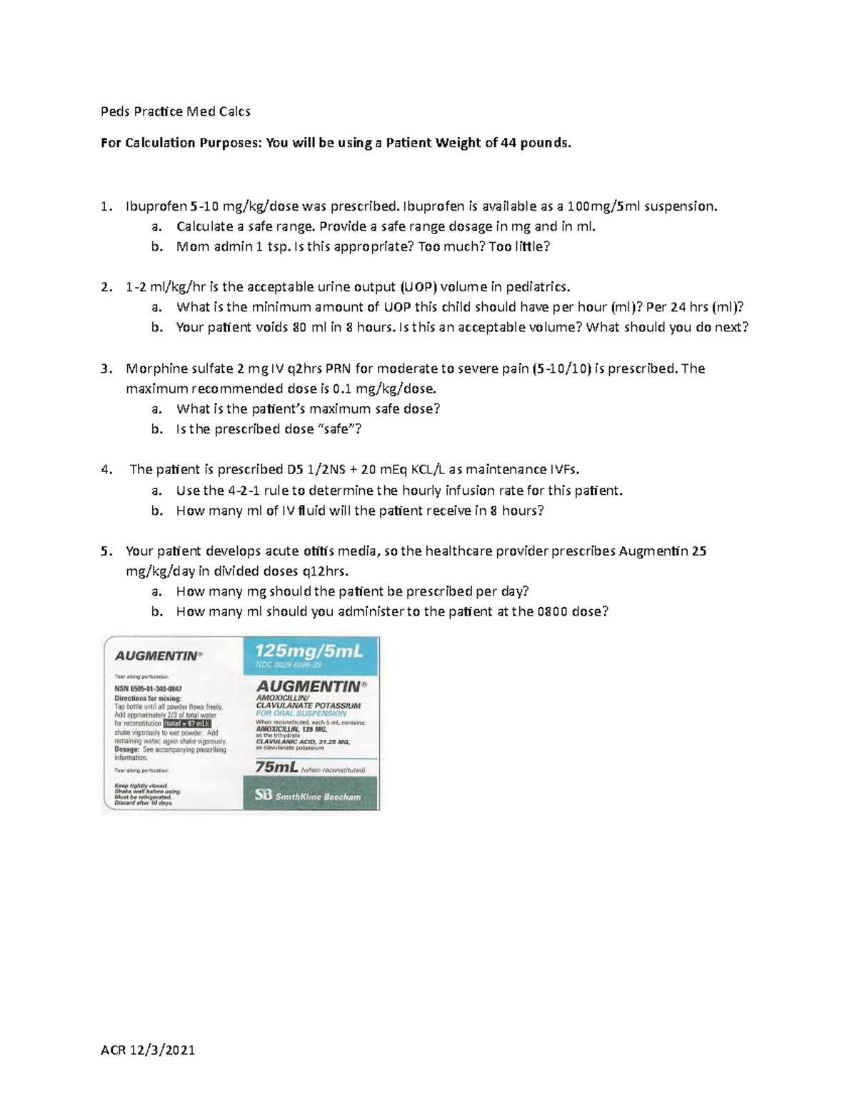 Peds Med Calc and I&O Practice-3 - Peds Practice Med Calcs For ...