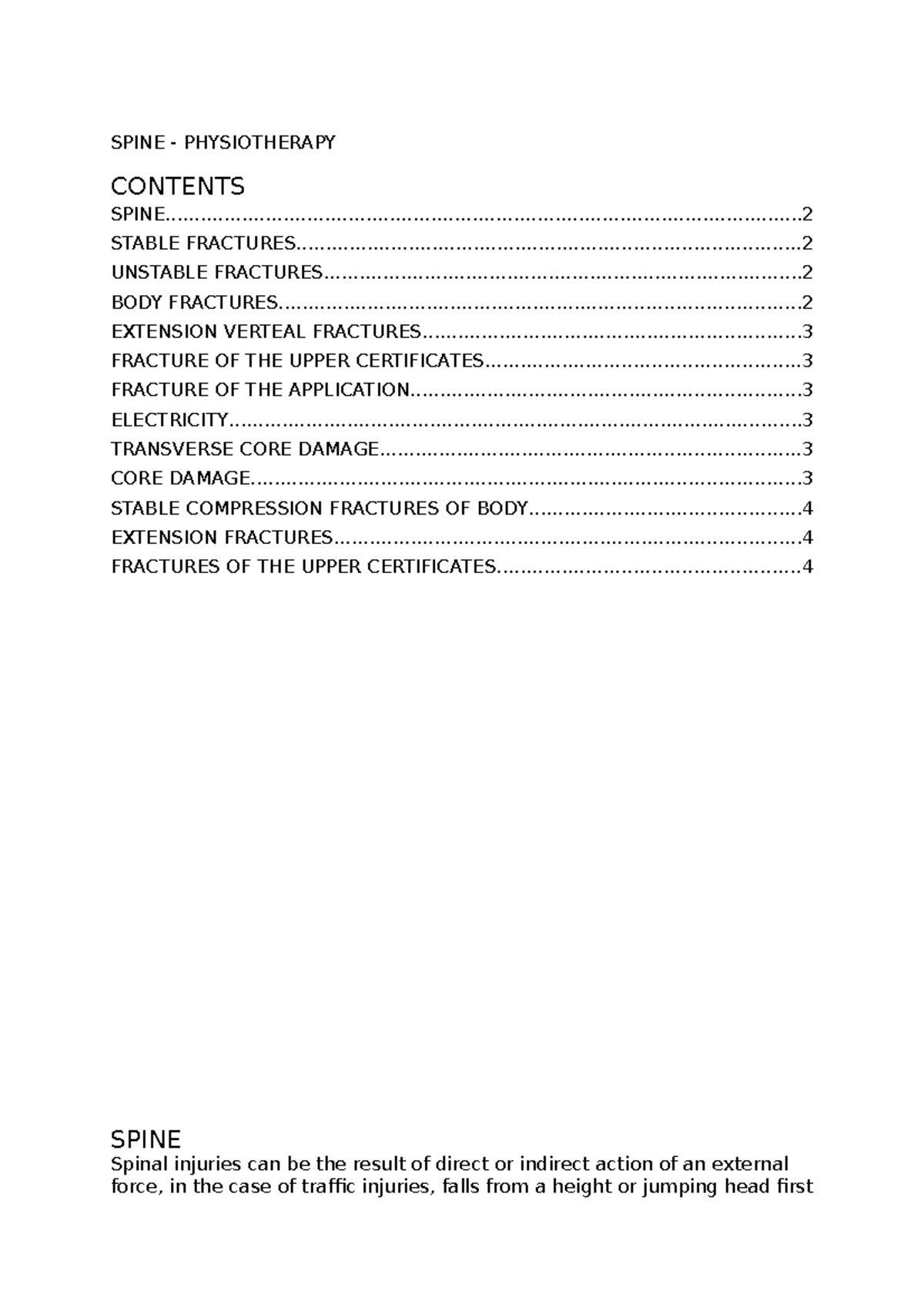 Spine - SPINE - PHYSIOTHERAPY CONTENTS - Studocu