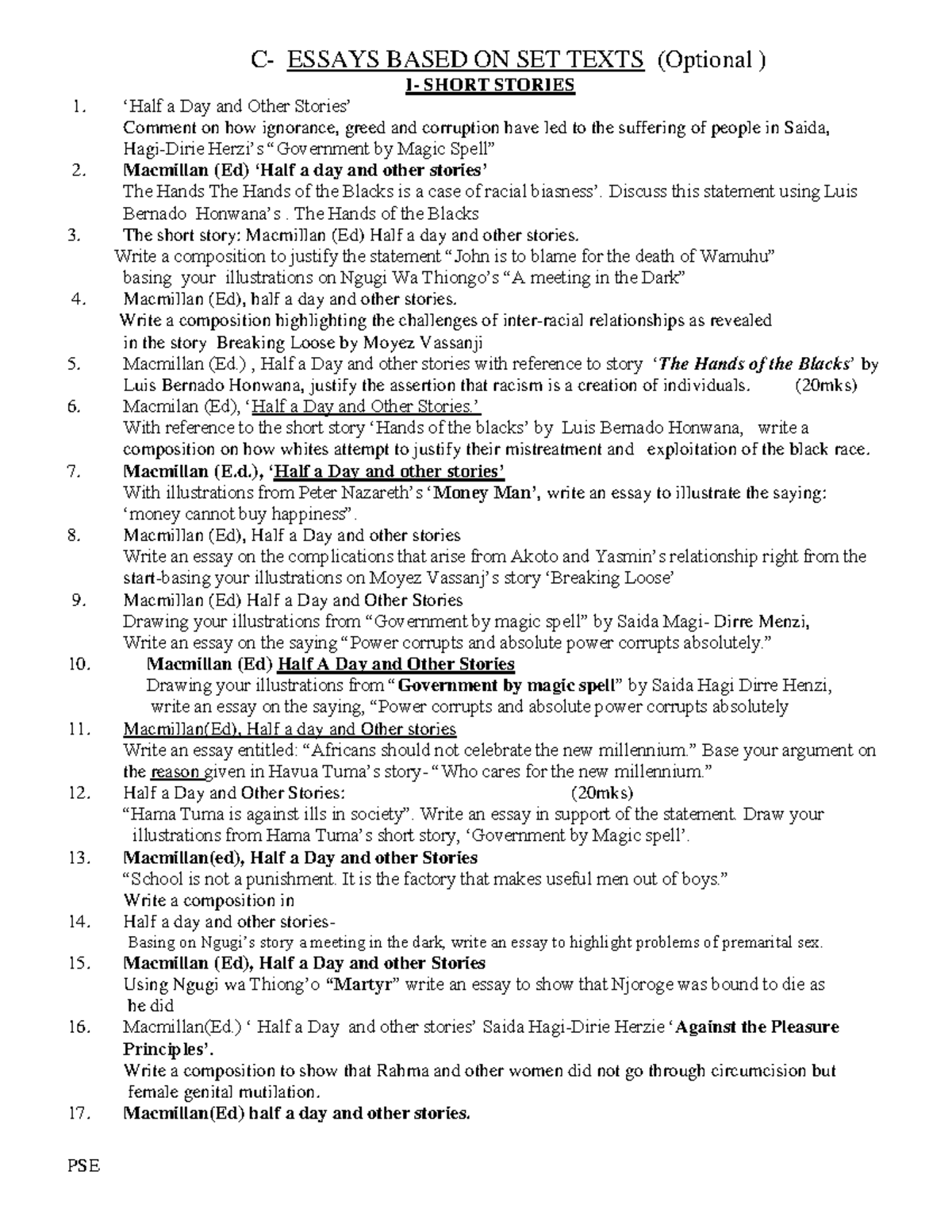 Essays Based ON SET Texts Q - PSE C- ESSAYS BASED ON SET TEXTS ...