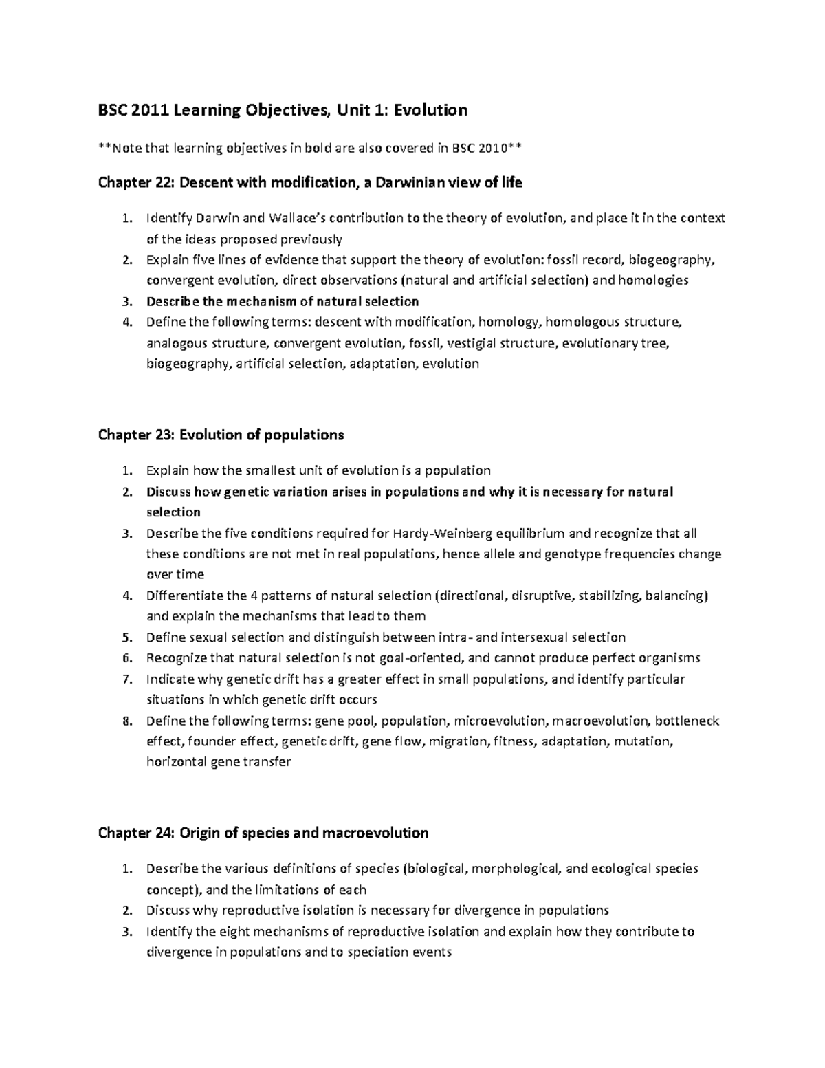 BSC 2011 Learning Objectives unit 1 Revised-1 - BSC 2011 Learning Objectives, Unit 1: Evolution ...