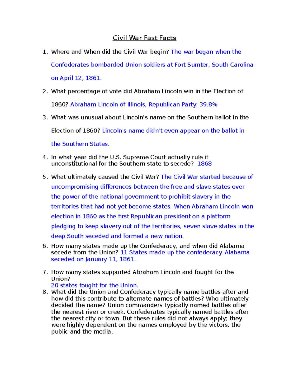 Civil War Fast Facts - Civil War Fast Facts Where and When did the ...