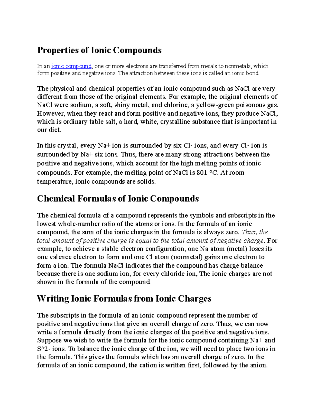 Chemistry ch6 notes - Properties of Ionic Compounds In an ionic ...