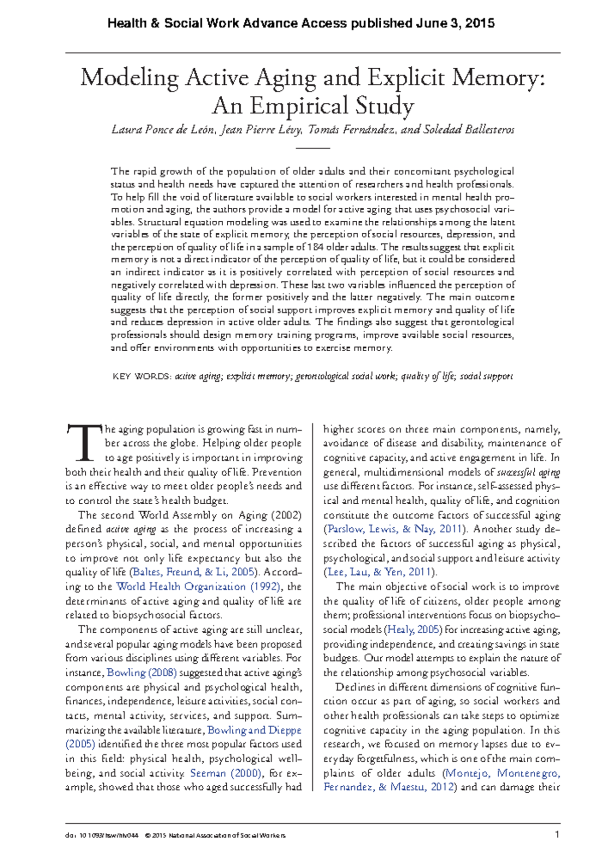 Modelling active aging and explicit memory - Health Social Work Advance Access published June 3 ...