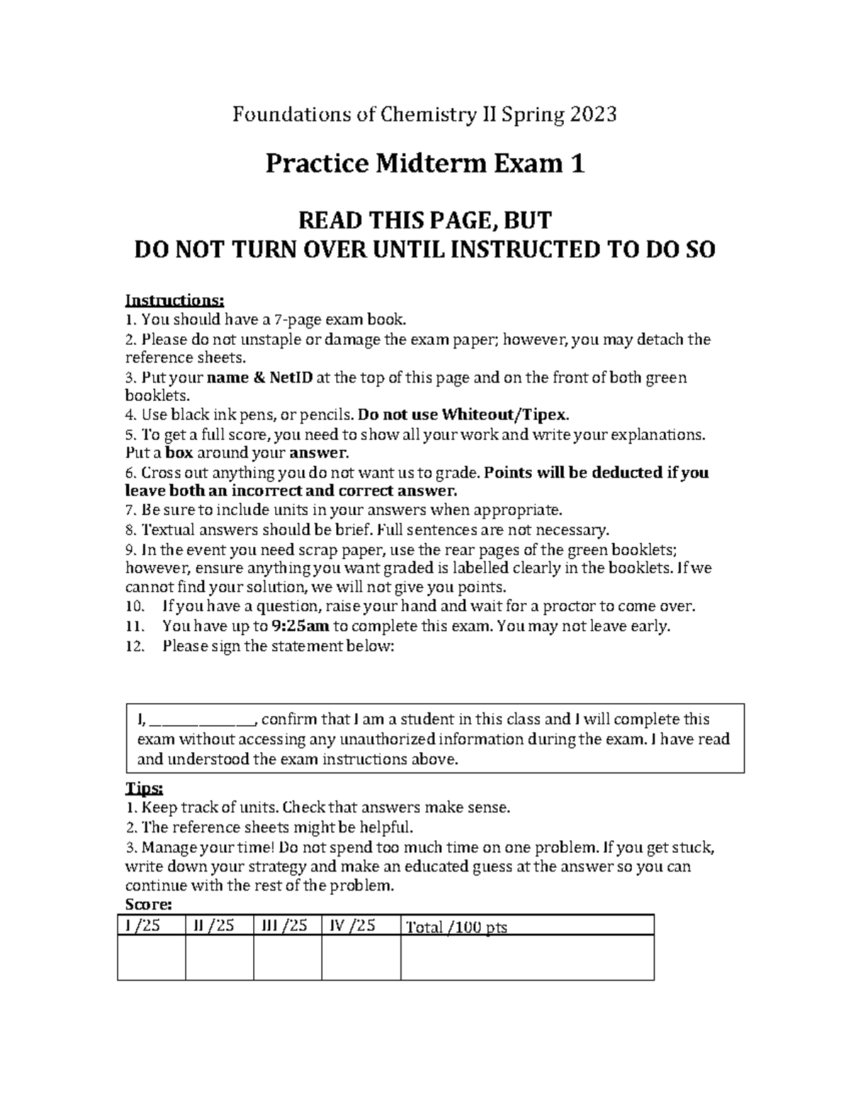 Practice midterm 1 - harrd - Foundations of Chemistry II Spring 2023 ...