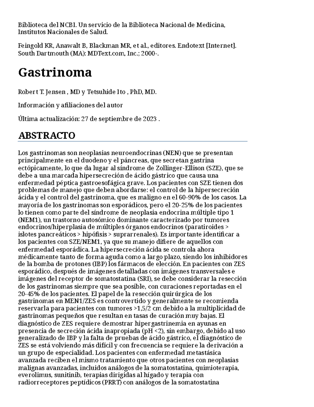 Gastrinoma - Biblioteca del NCBI. Un servicio de la Biblioteca Nacional ...