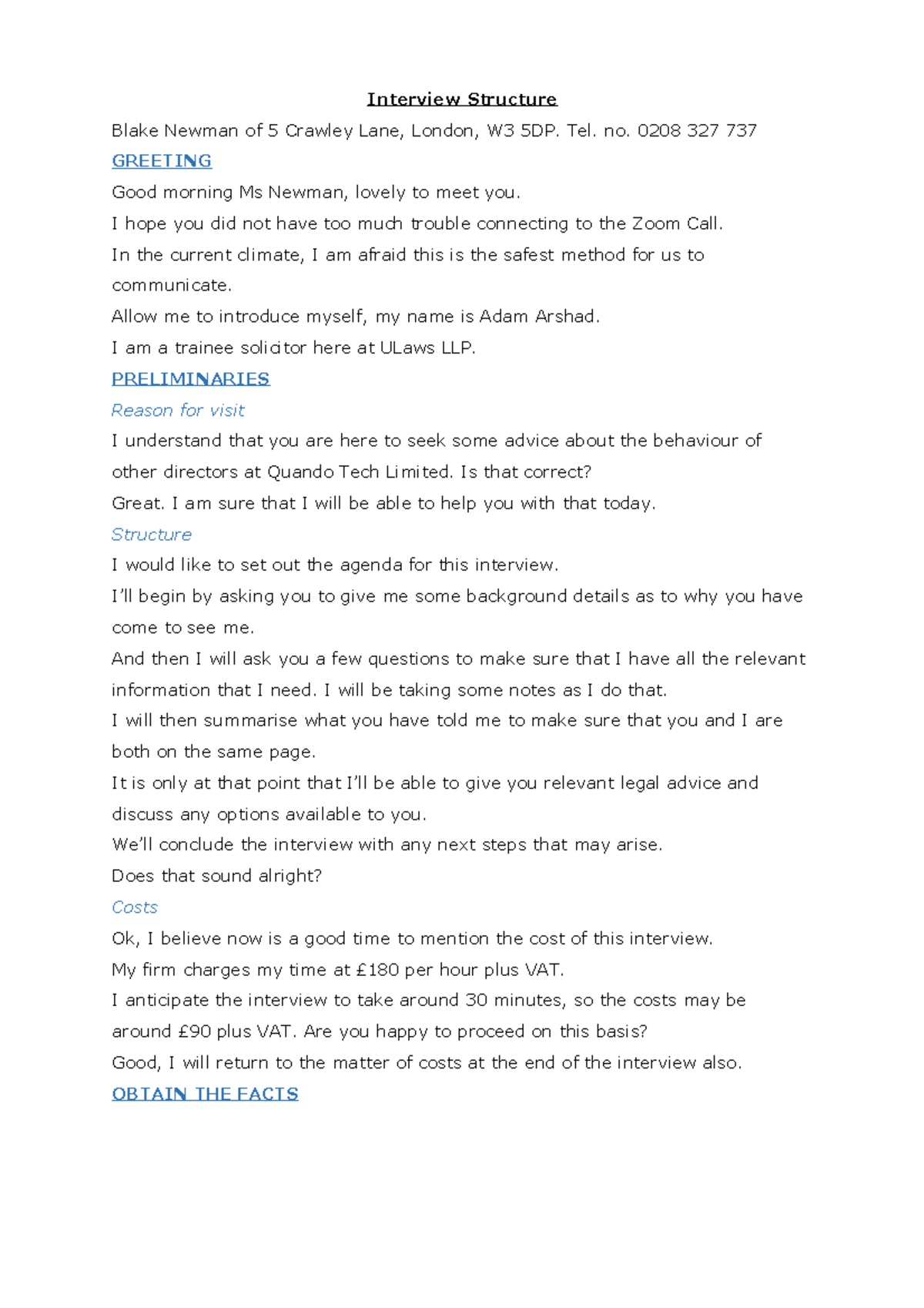 LPC Notes - Interviewing and Advising - Interview Structure Blake ...