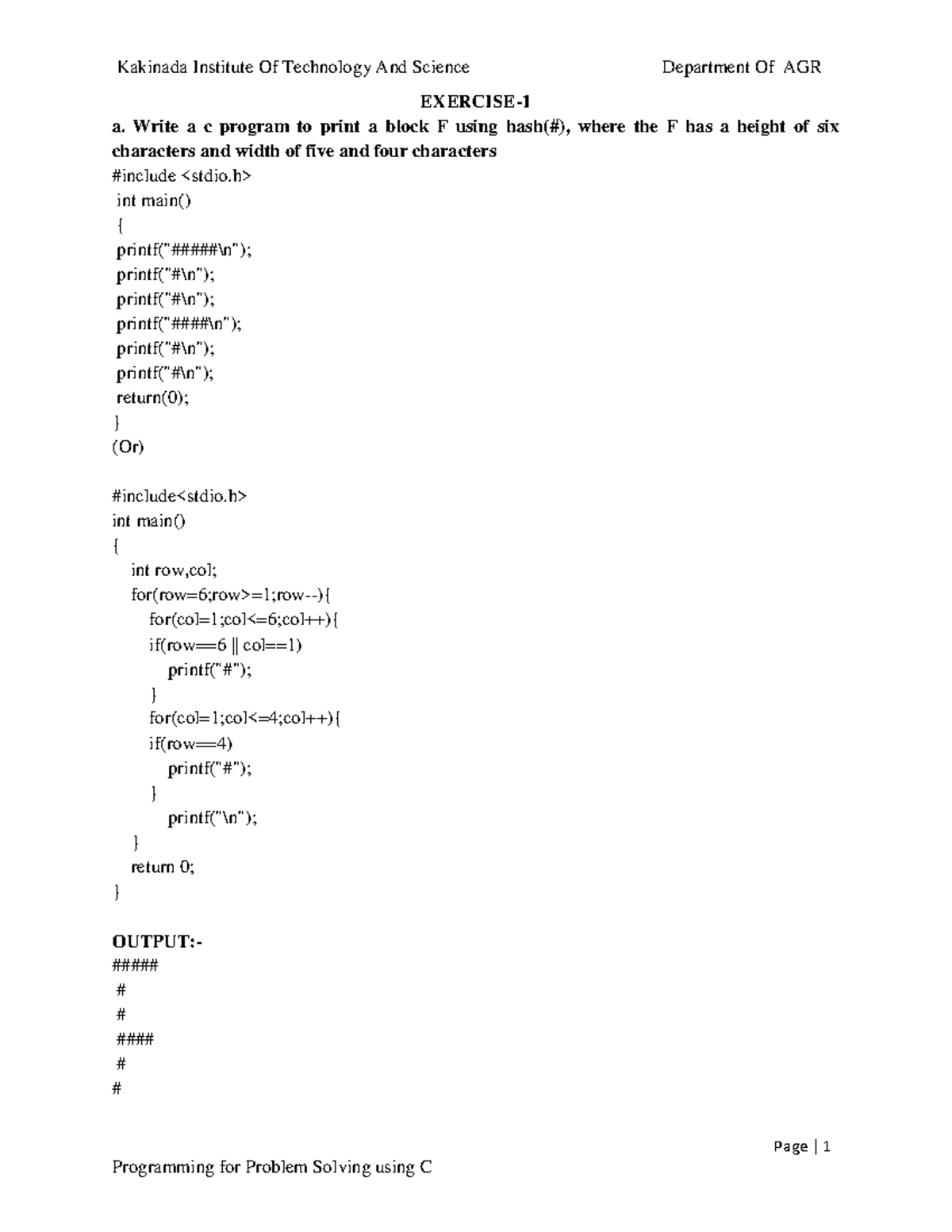PPSC LAB Manual R20 AGR PDF - Page | 1 EXERCISE- 1 a. Write a c program ...