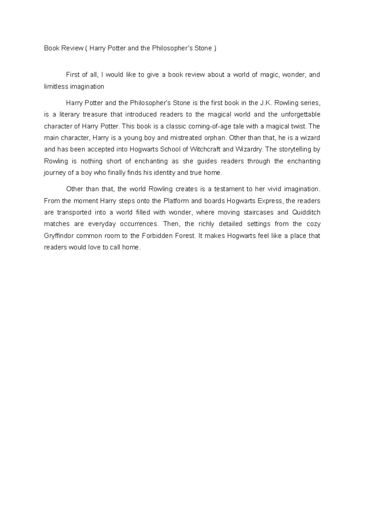 Book Review - notes - Book Review ( Harry Potter and the Philosopher’s ...