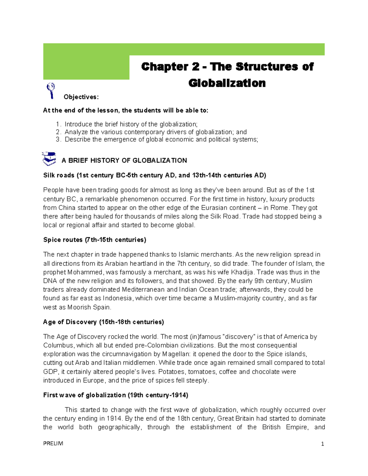 Chapter 2 - Chapter 2 - The Structures of Globalization Objectives: At ...
